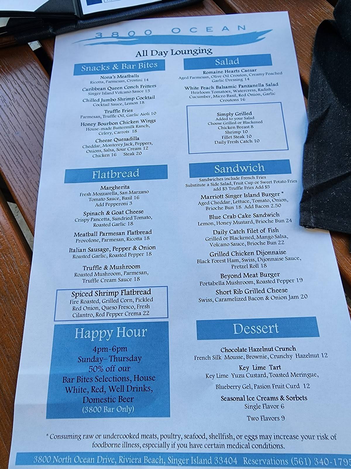 Menu at 3800 Ocean restaurant, Riviera Beach, N Ocean Dr