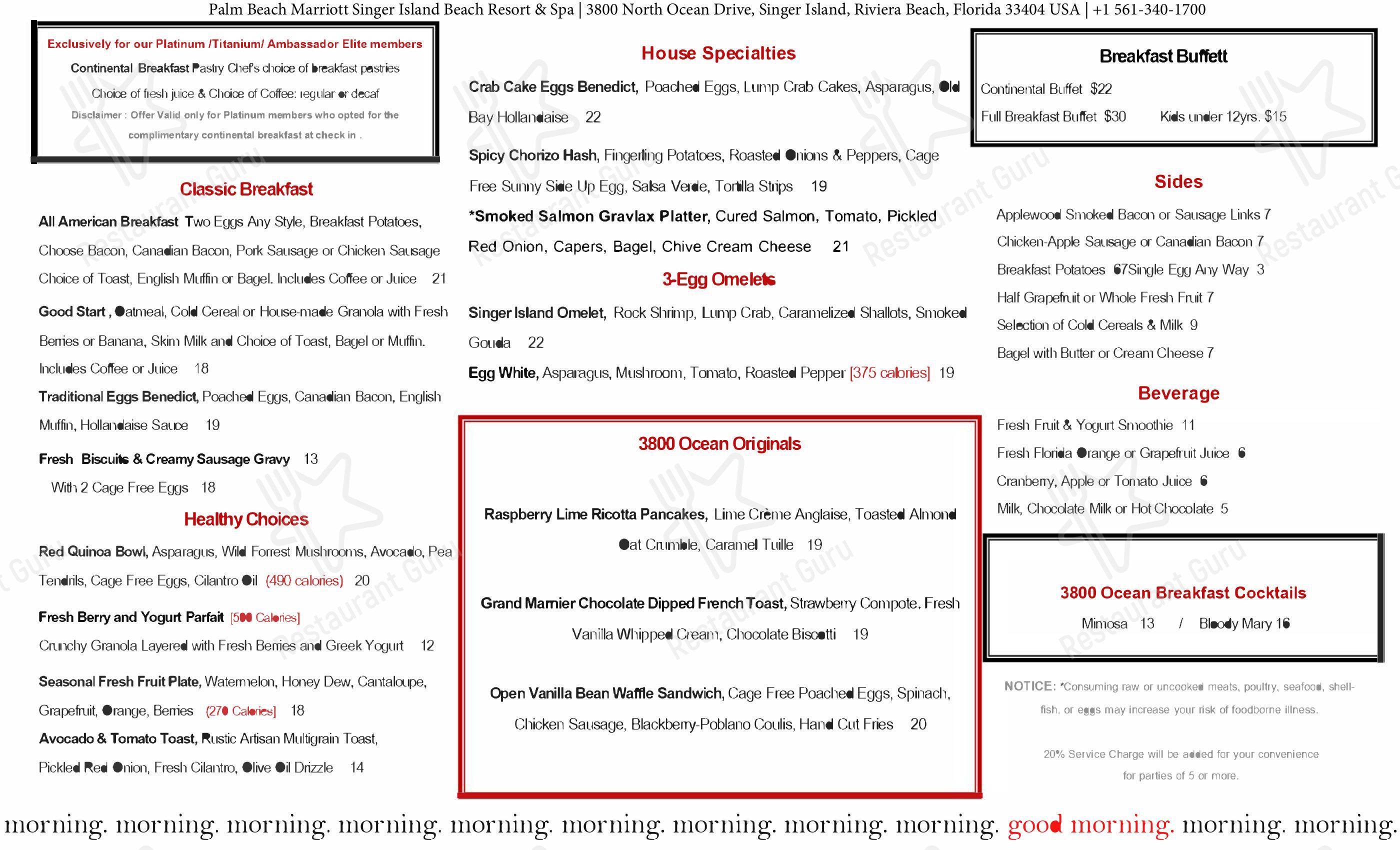 Menu at 3800 Ocean restaurant, Riviera Beach, N Ocean Dr