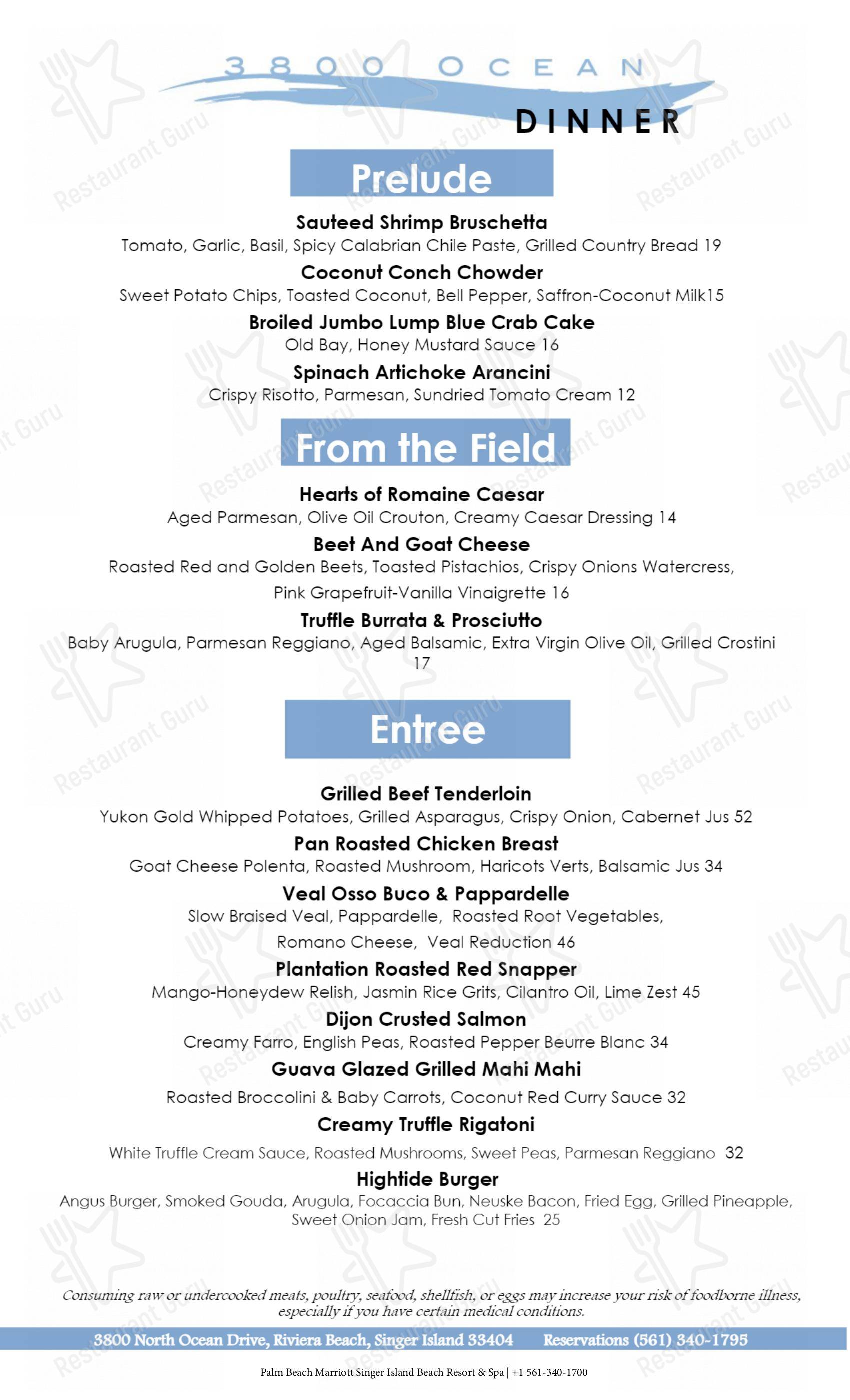 Menu at 3800 Ocean restaurant, Riviera Beach, N Ocean Dr