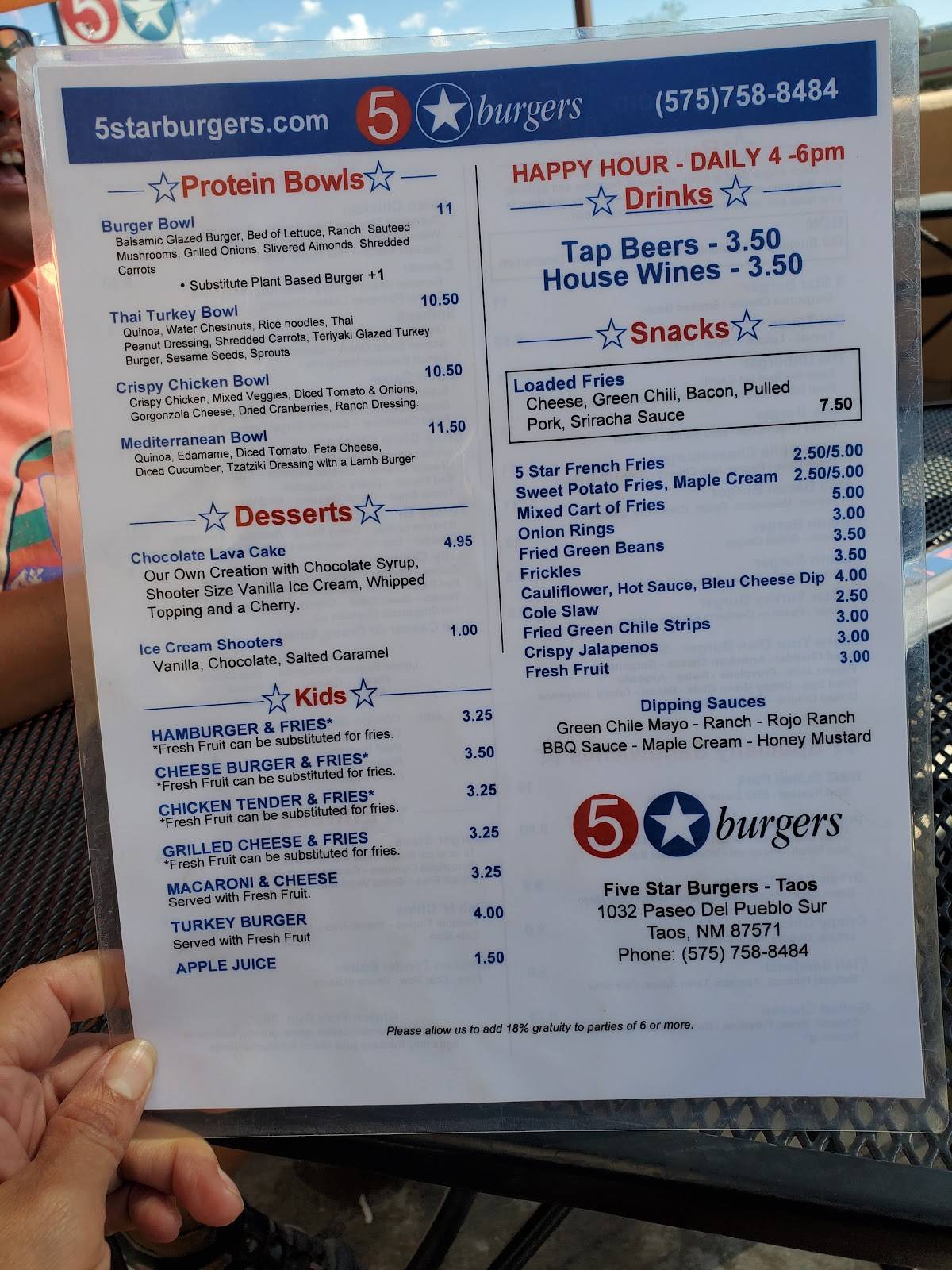 Menu at 5 Star Burgers restaurant, Taos, Paseo Del Pueblo Sur