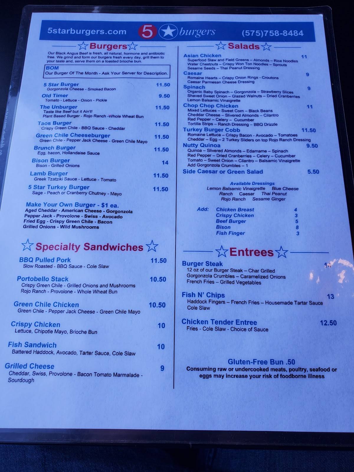 Menu at 5 Star Burgers restaurant, Taos, Paseo Del Pueblo Sur