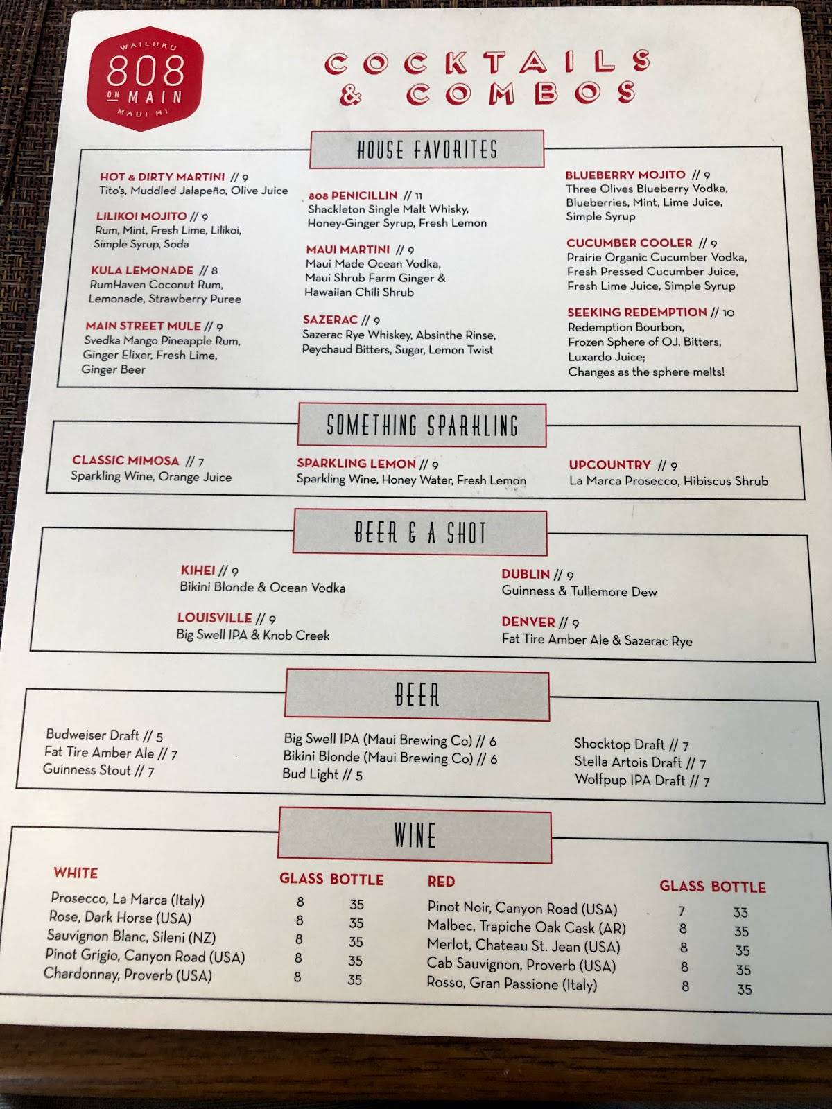 Menu at 808 old town pub & bar, Wailuku