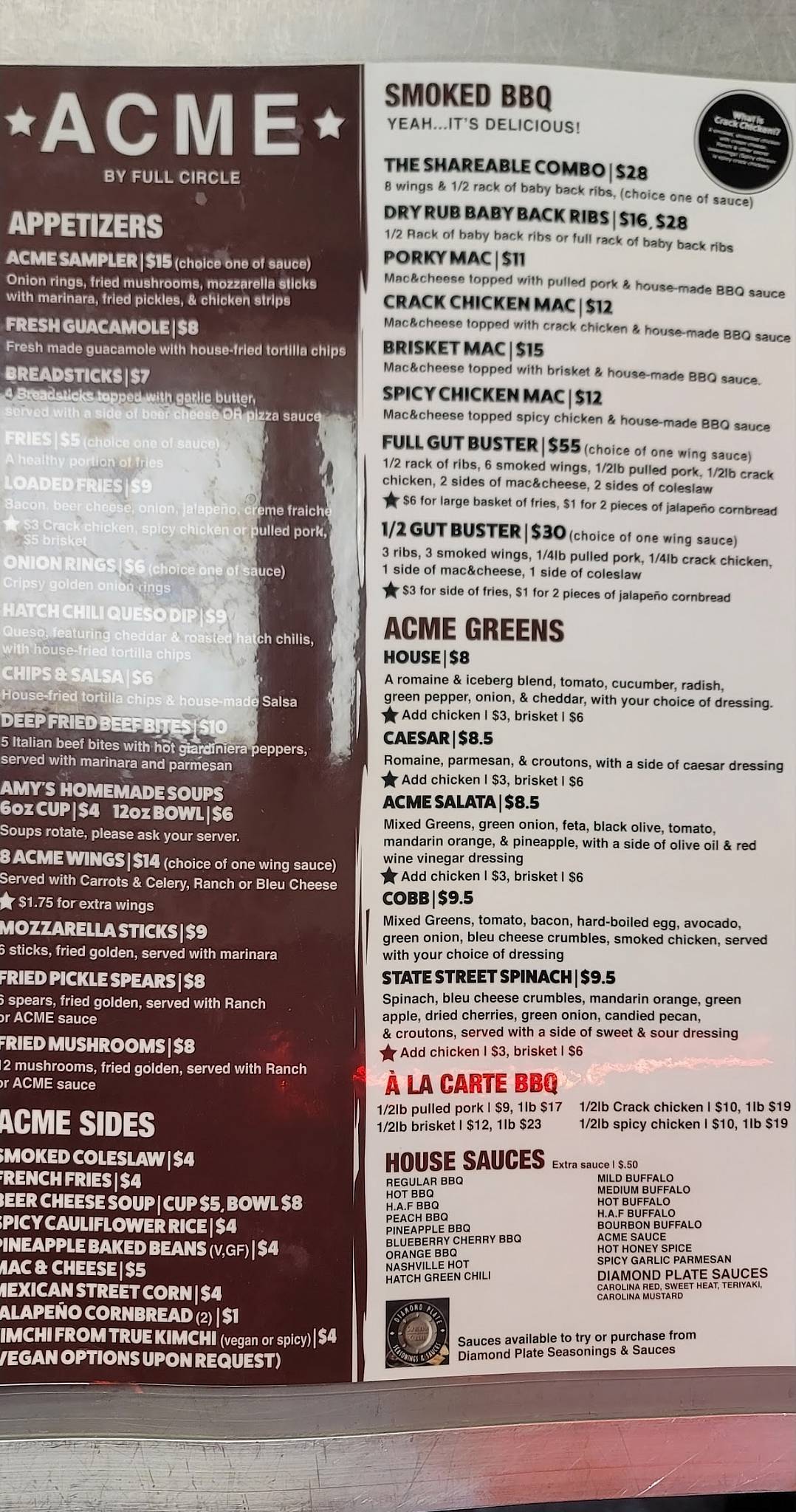 Menu at Acme By Full Circle BBQ, Fort Wayne