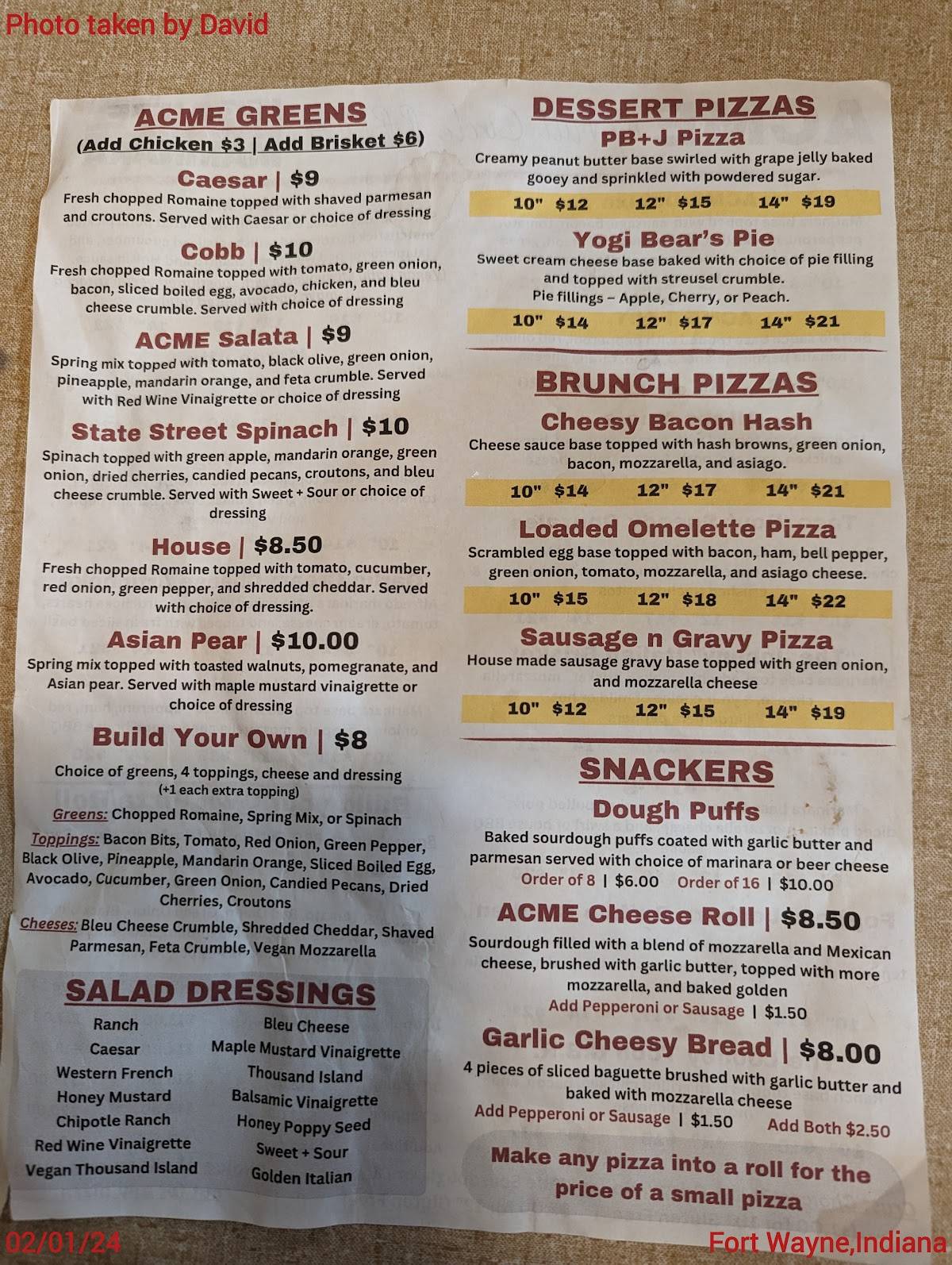 Menu at Acme By Full Circle BBQ, Fort Wayne