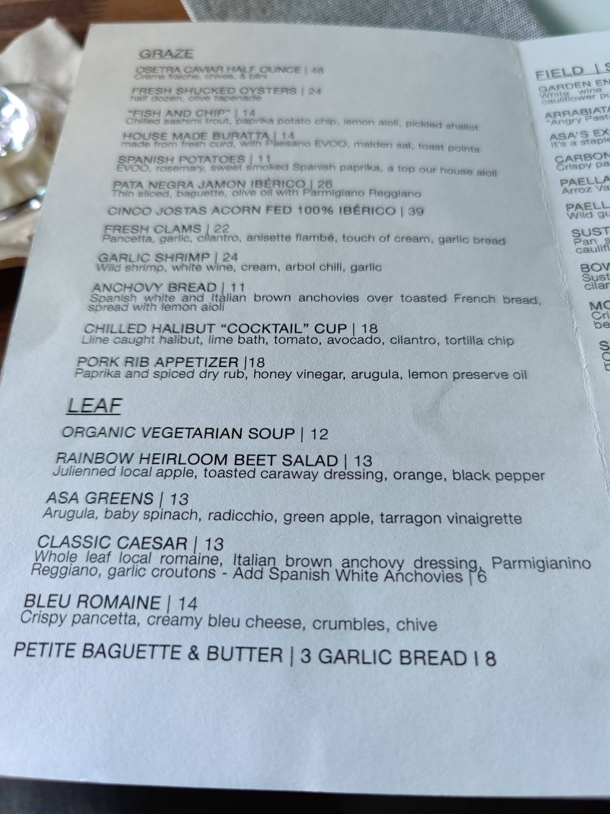 Menu at ASA Restaurant - Los Altos, Los Altos