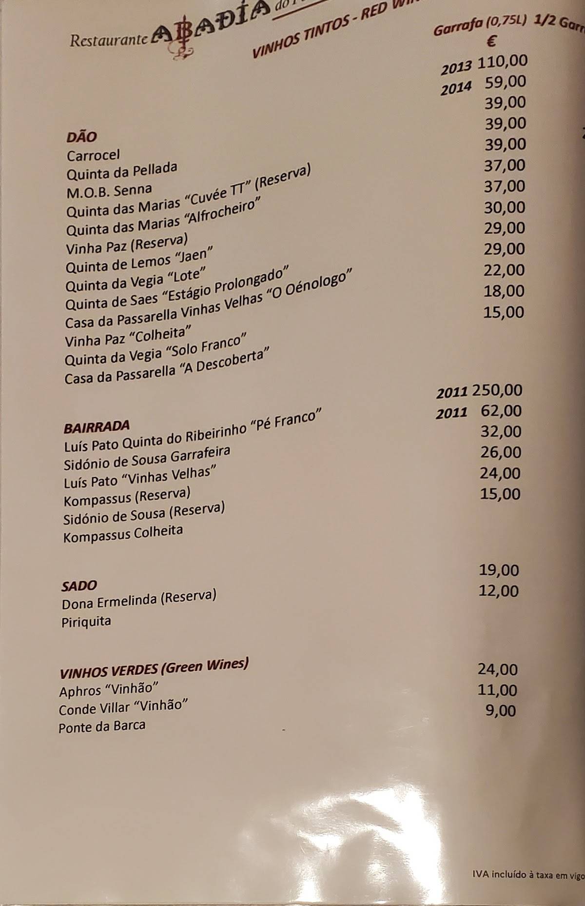 Menu at Abadia do Porto restaurant, Porto