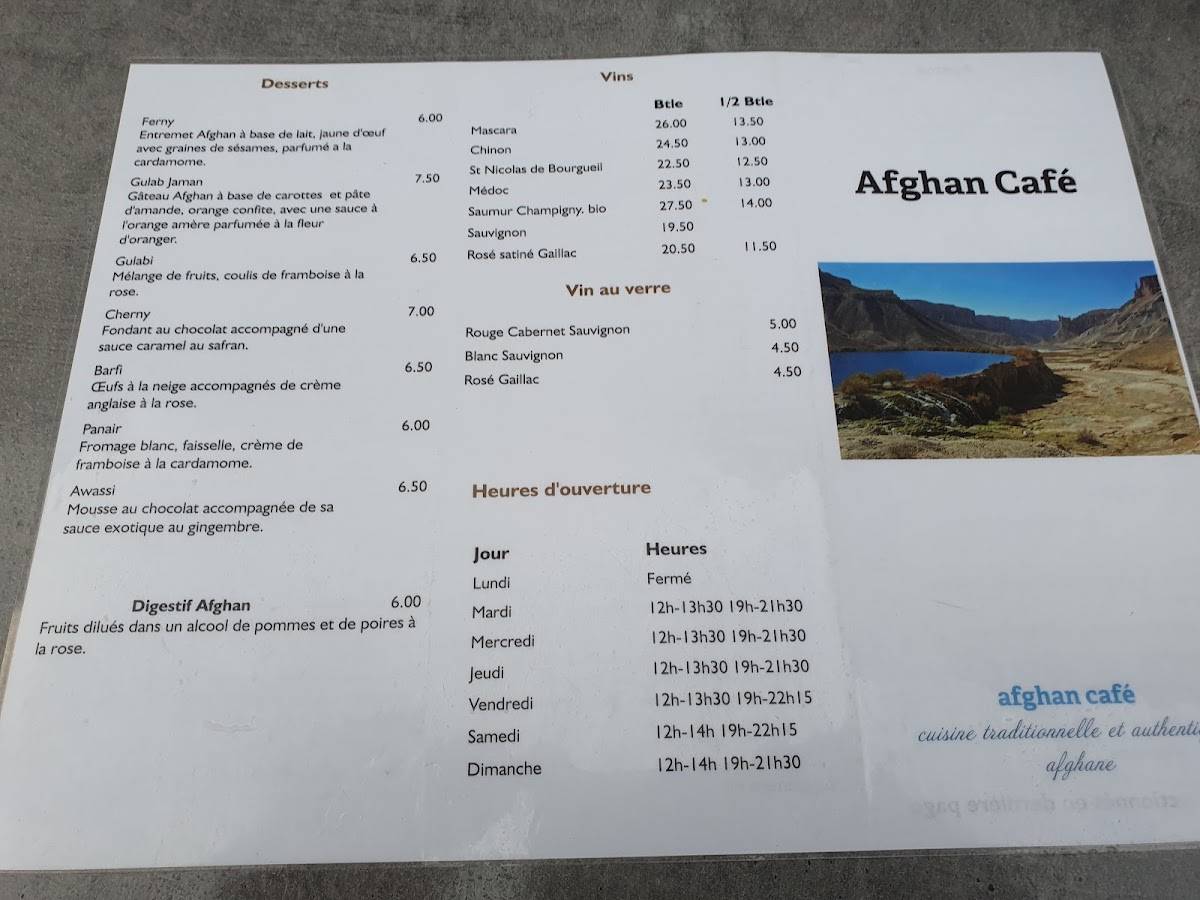 Menu au Afghan Café, Vannes