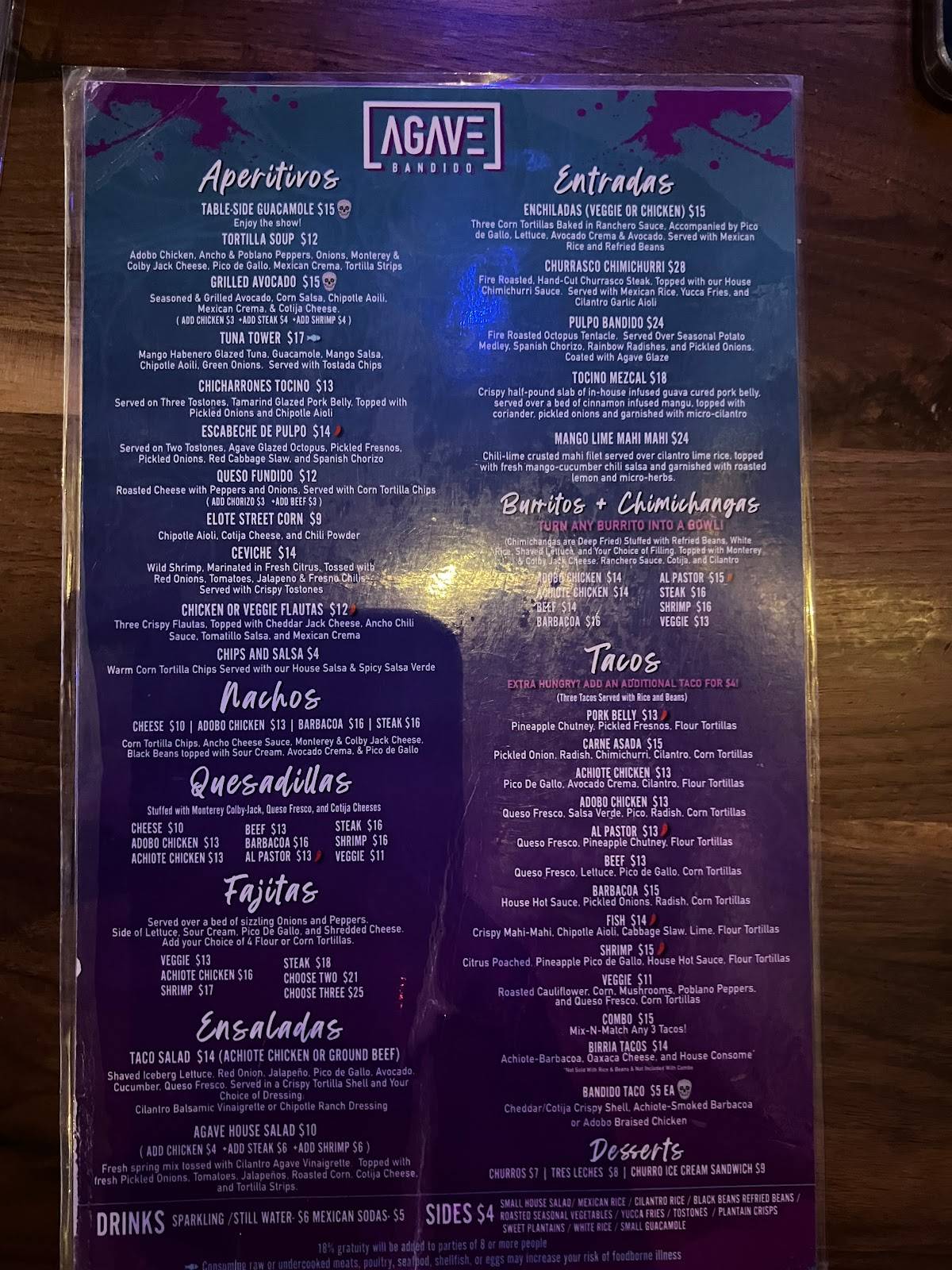 Carta del pub y bar Agave Bandido, Pembroke Pines