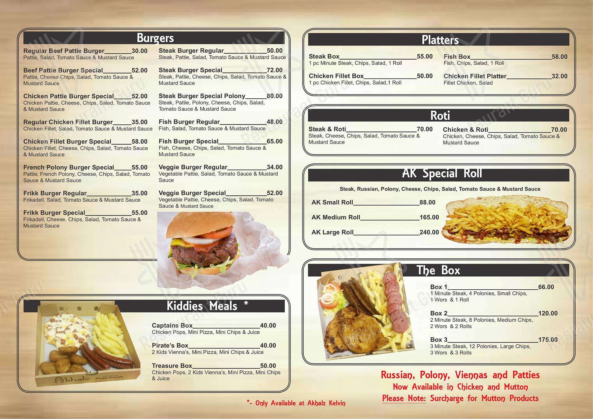 Menu at Akhalz Kelvin (Akhalwayas) restaurant, Johannesburg