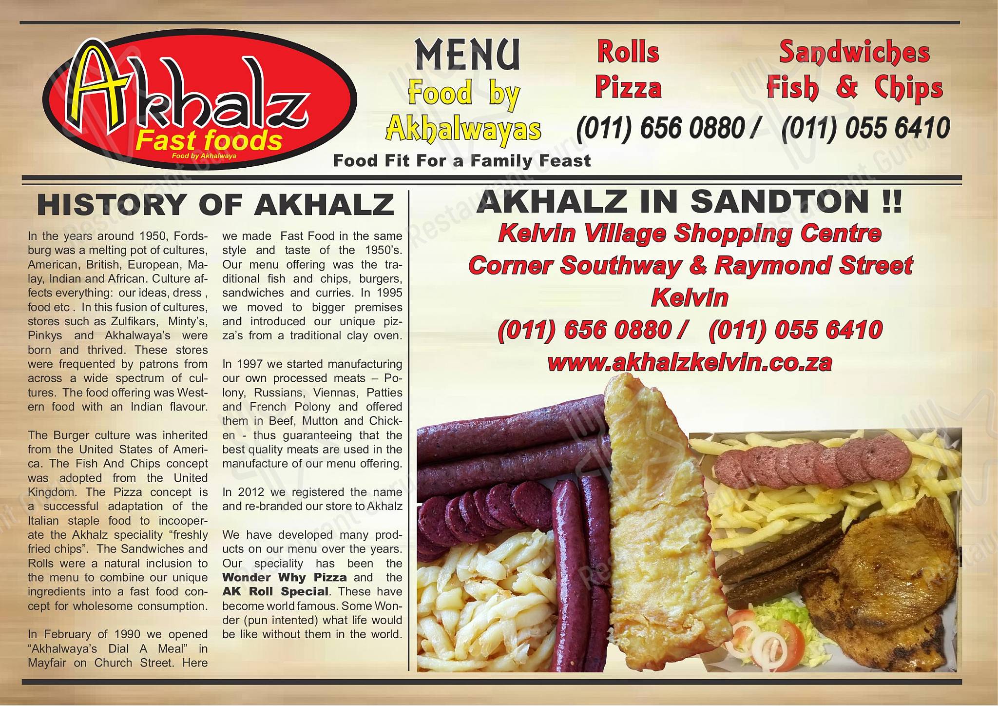 Menu at Akhalz Kelvin (Akhalwayas) restaurant, Johannesburg