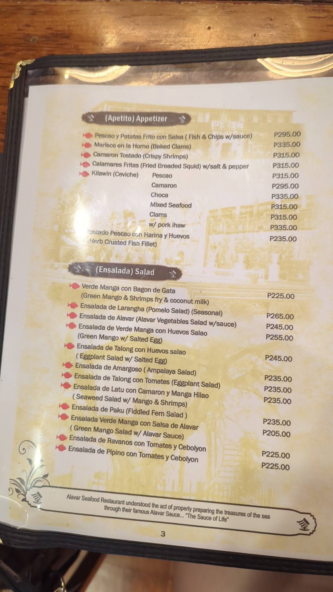 Menu at Alavar Seafood Restaurant, Zamboanga, 173 Don Alfaro St