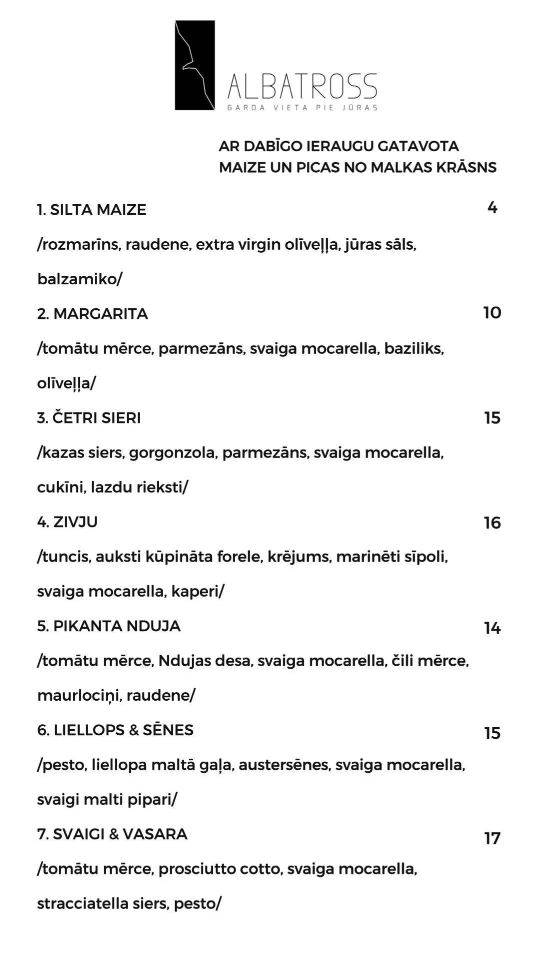 Menu at Restorāns Albatross restaurant, Latvia