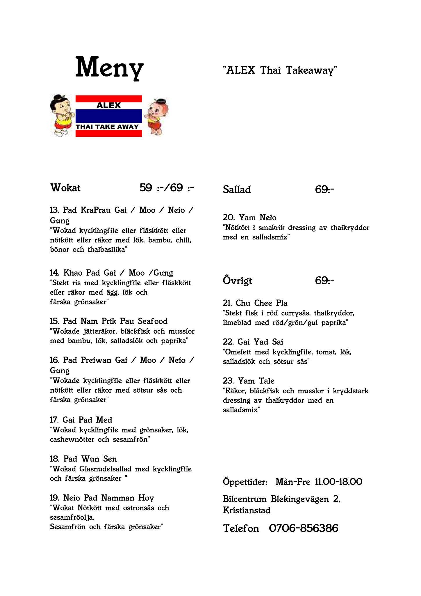 Menu at Alex Thai Takeaway restaurant, Kristianstad