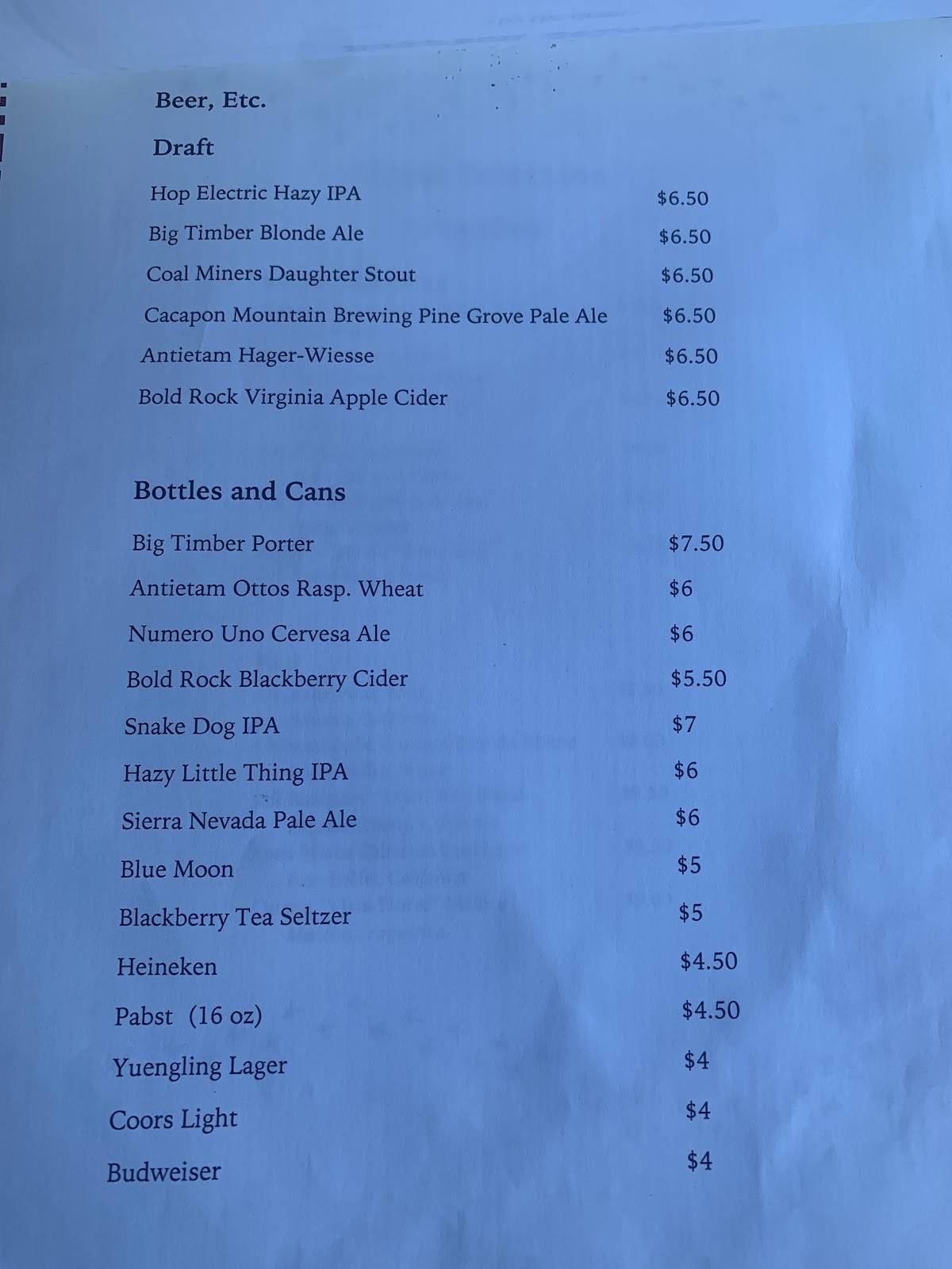 Menu at Alma Bea pub & bar, Shepherdstown