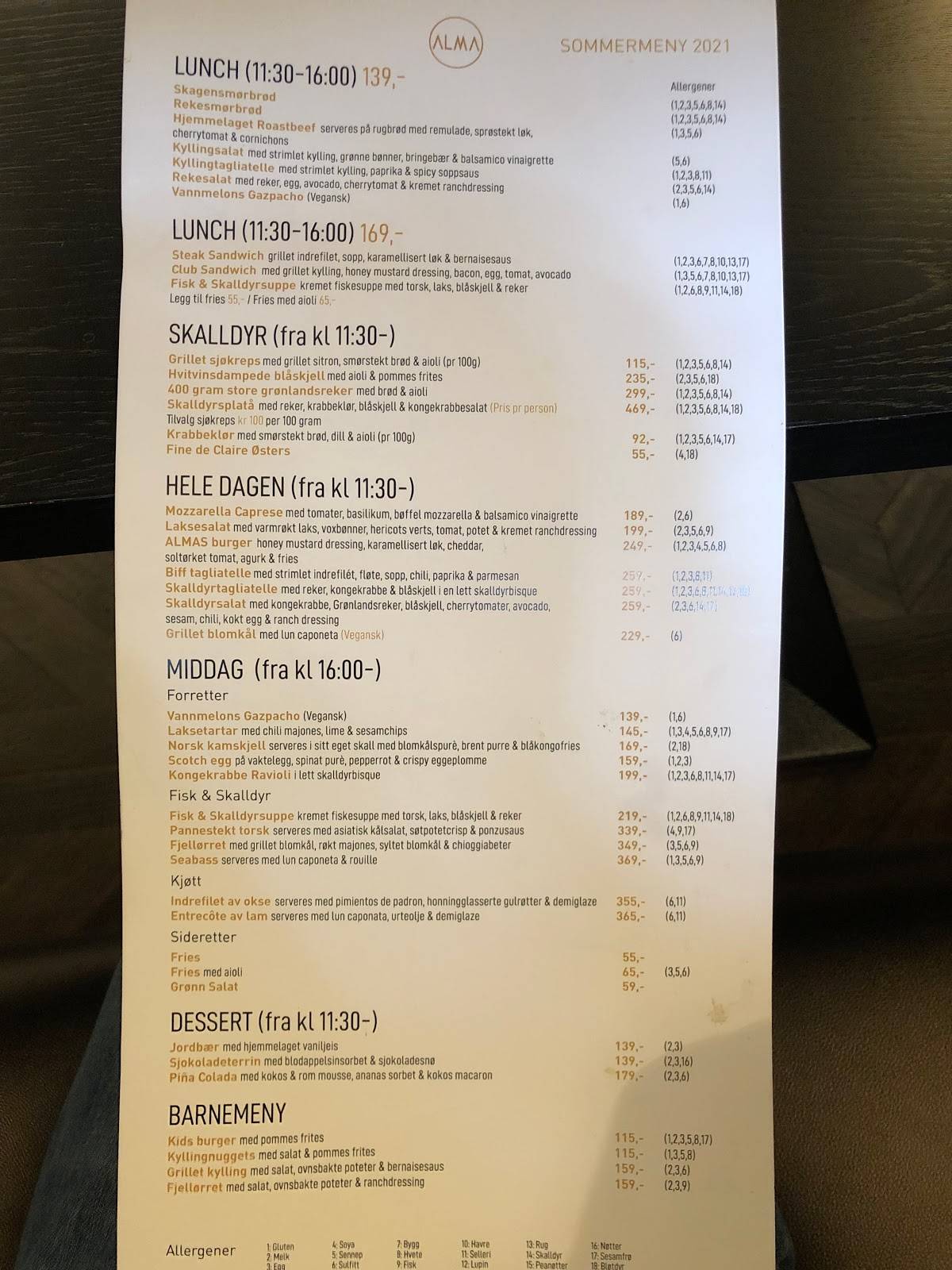Menu at Alma restaurant, Tønsberg