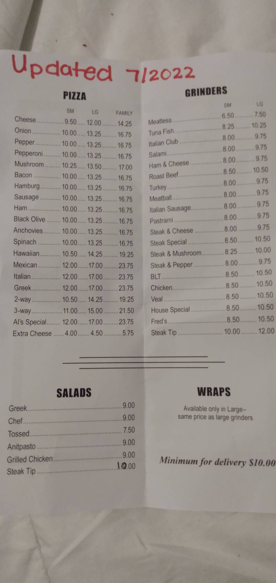 Menu at Al’s Village Pizza pizzeria, Franklin