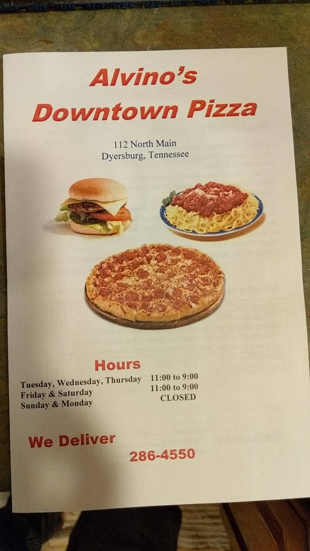 Menu at Alvino's Pizza pizzeria, Dyersburg