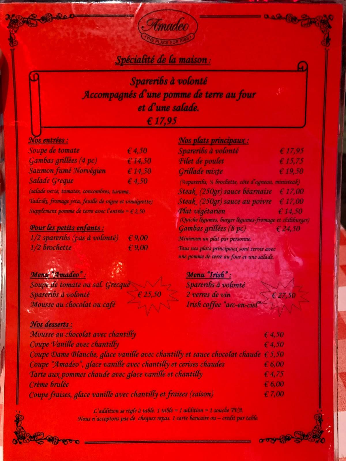 Menu au Amadeo, Bruxelles, Rue Sainte-Catherine 26