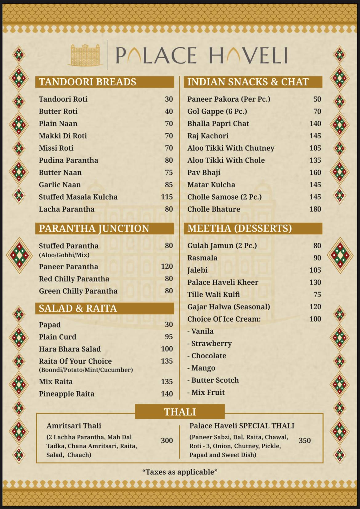 Menu at Palace Haveli, Ambala, LHS