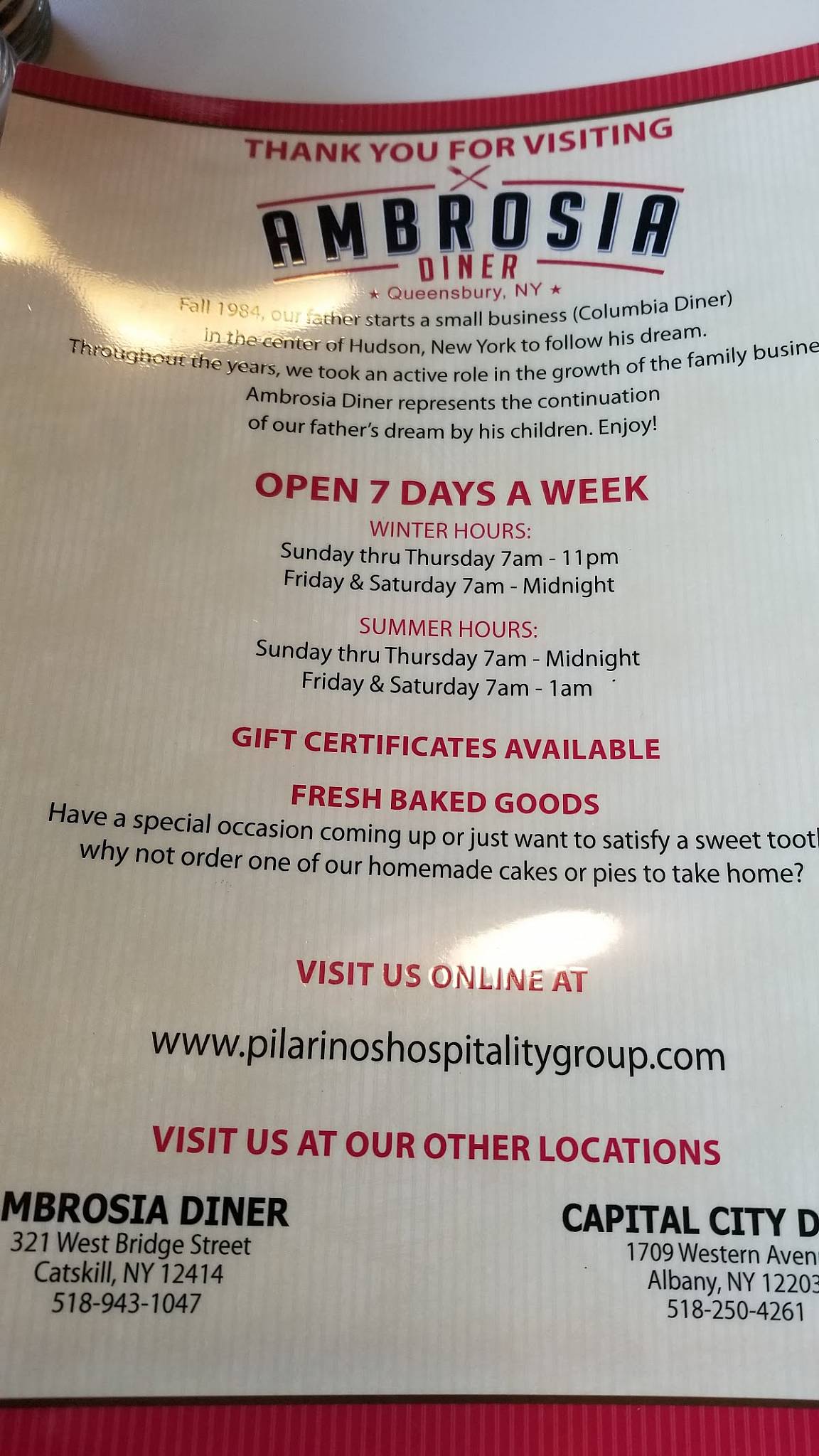 Menu at Ambrosia Diner restaurant, Queensbury, 518 Aviation Rd