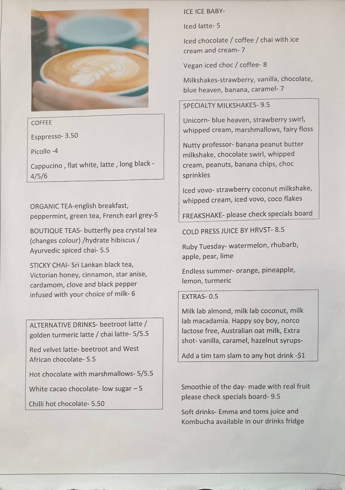 Menu at Annie lane cafe, Bongaree