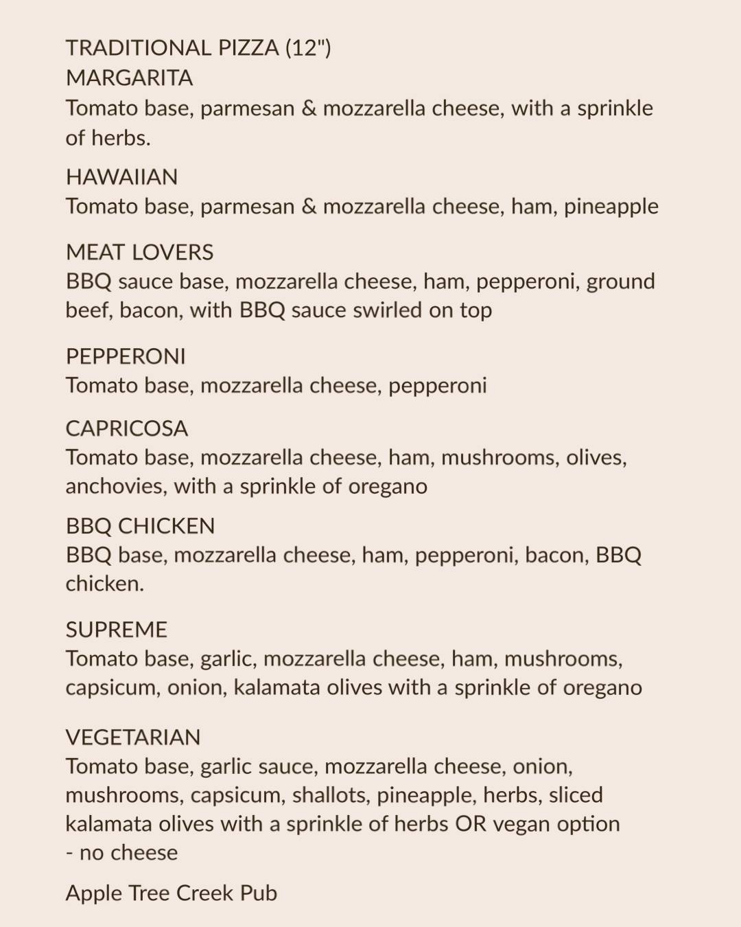 Menu at Apple Tree Creek Pub, Apple Tree Creek