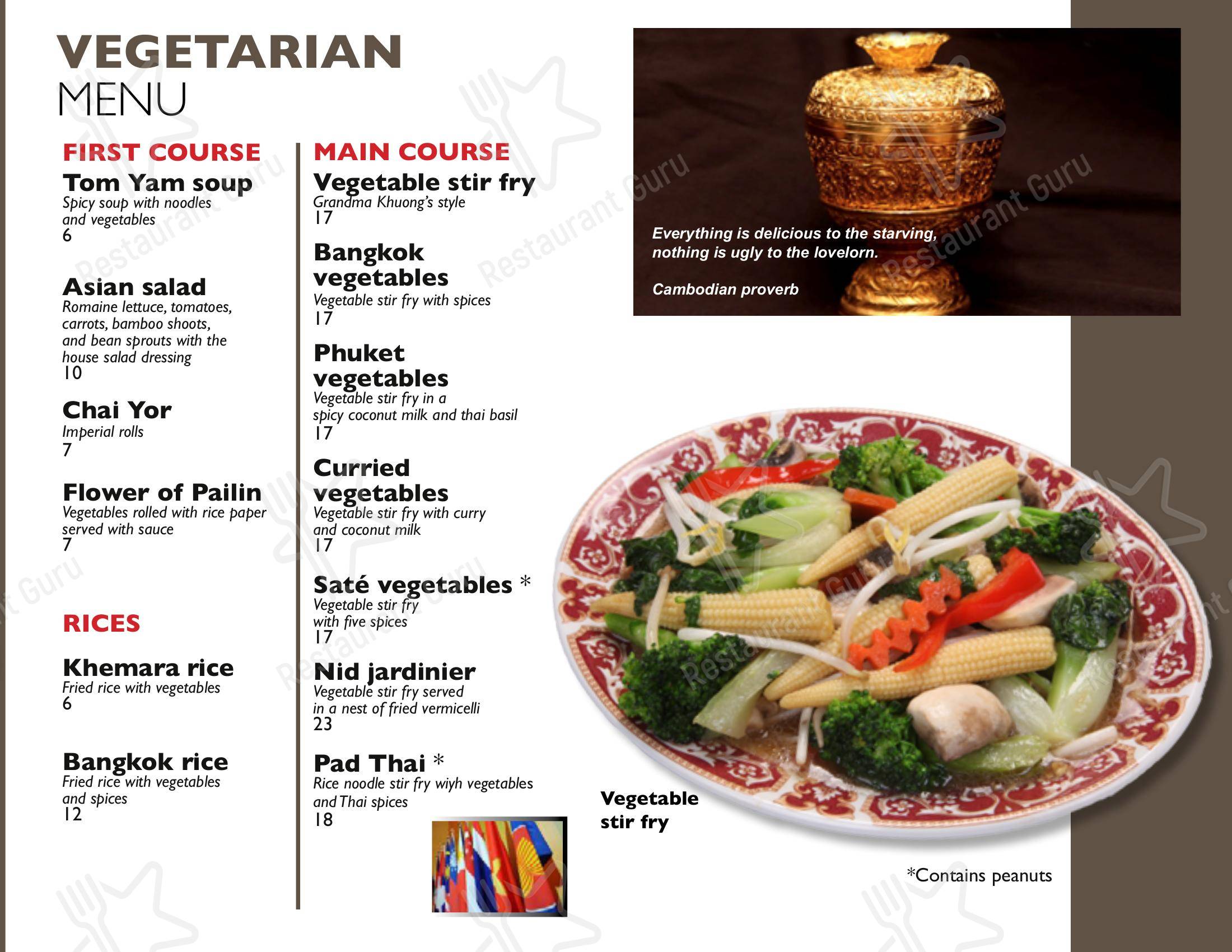 Menu au Restaurant Apsara, Québec