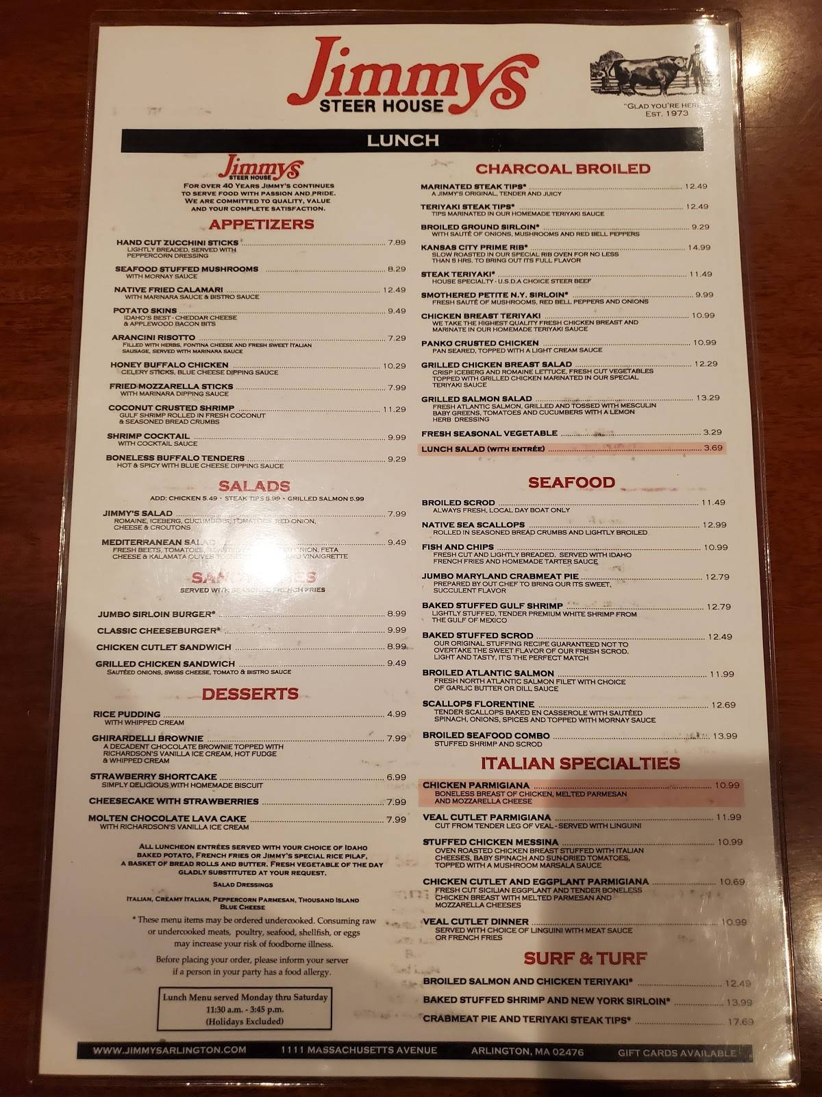 Menu at Jimmy's Steer House pub & bar, Arlington, Massachusetts Ave