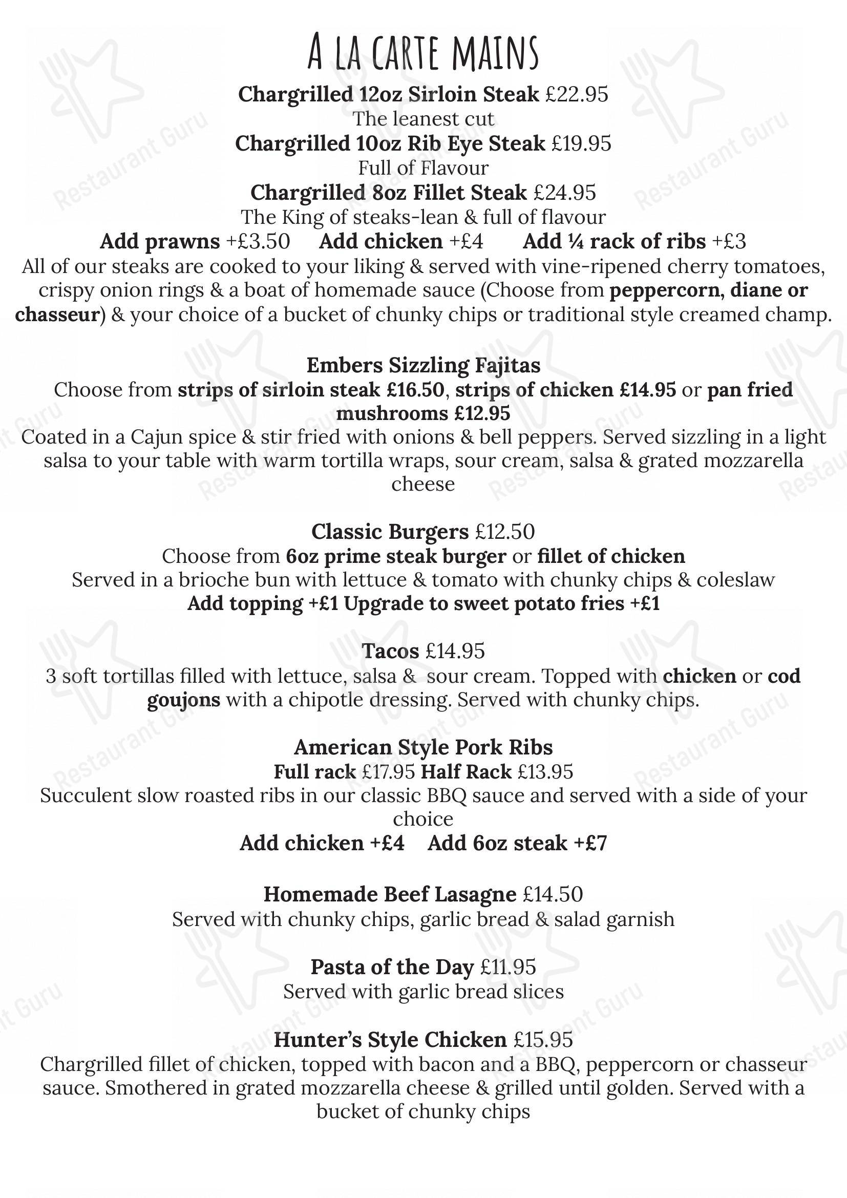 Menu at Embers pub & bar, Armagh