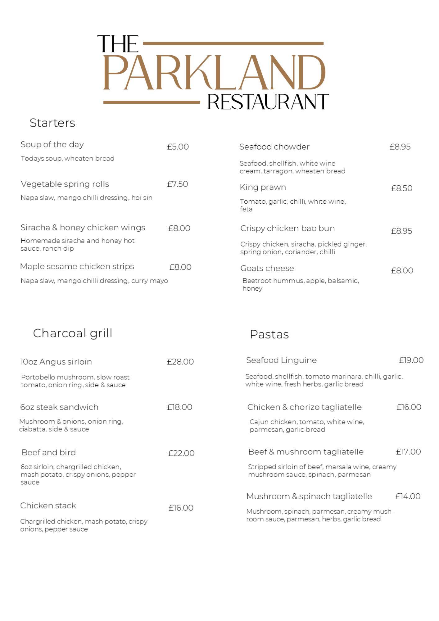 Menu at The Parkland Armagh restaurant, Armagh