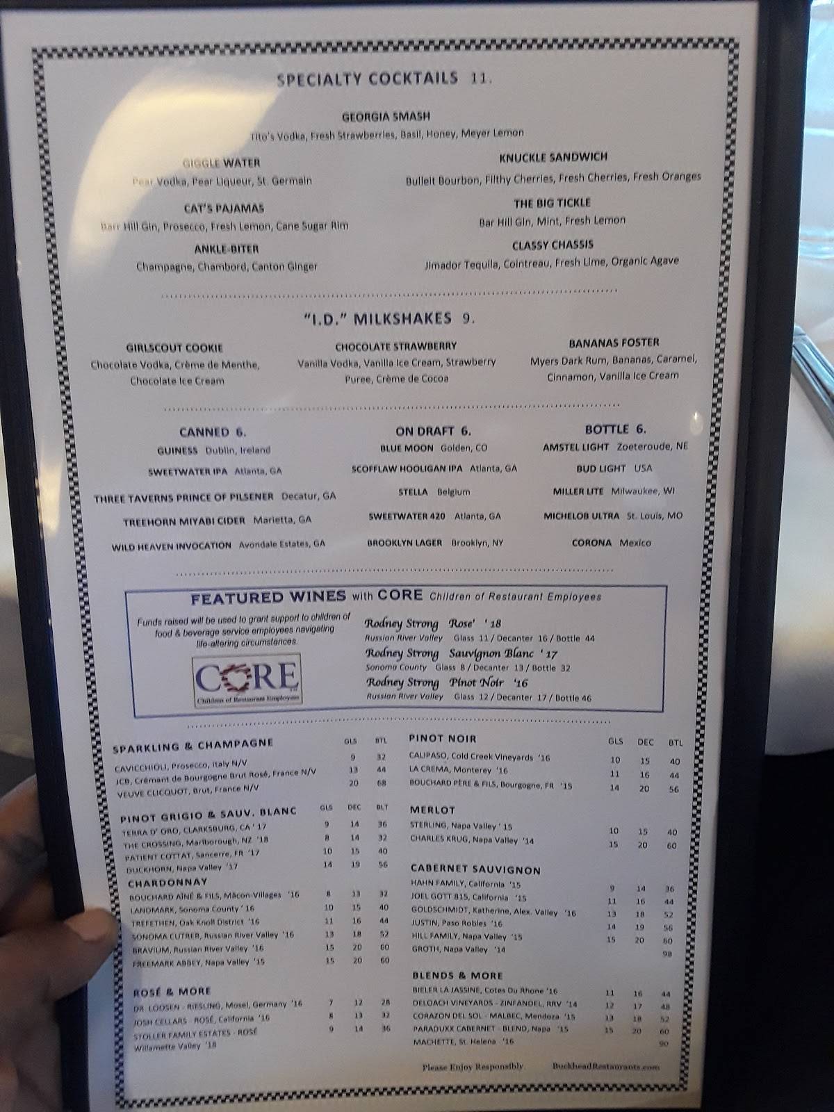 Menu at Buckhead Diner restaurant, Atlanta