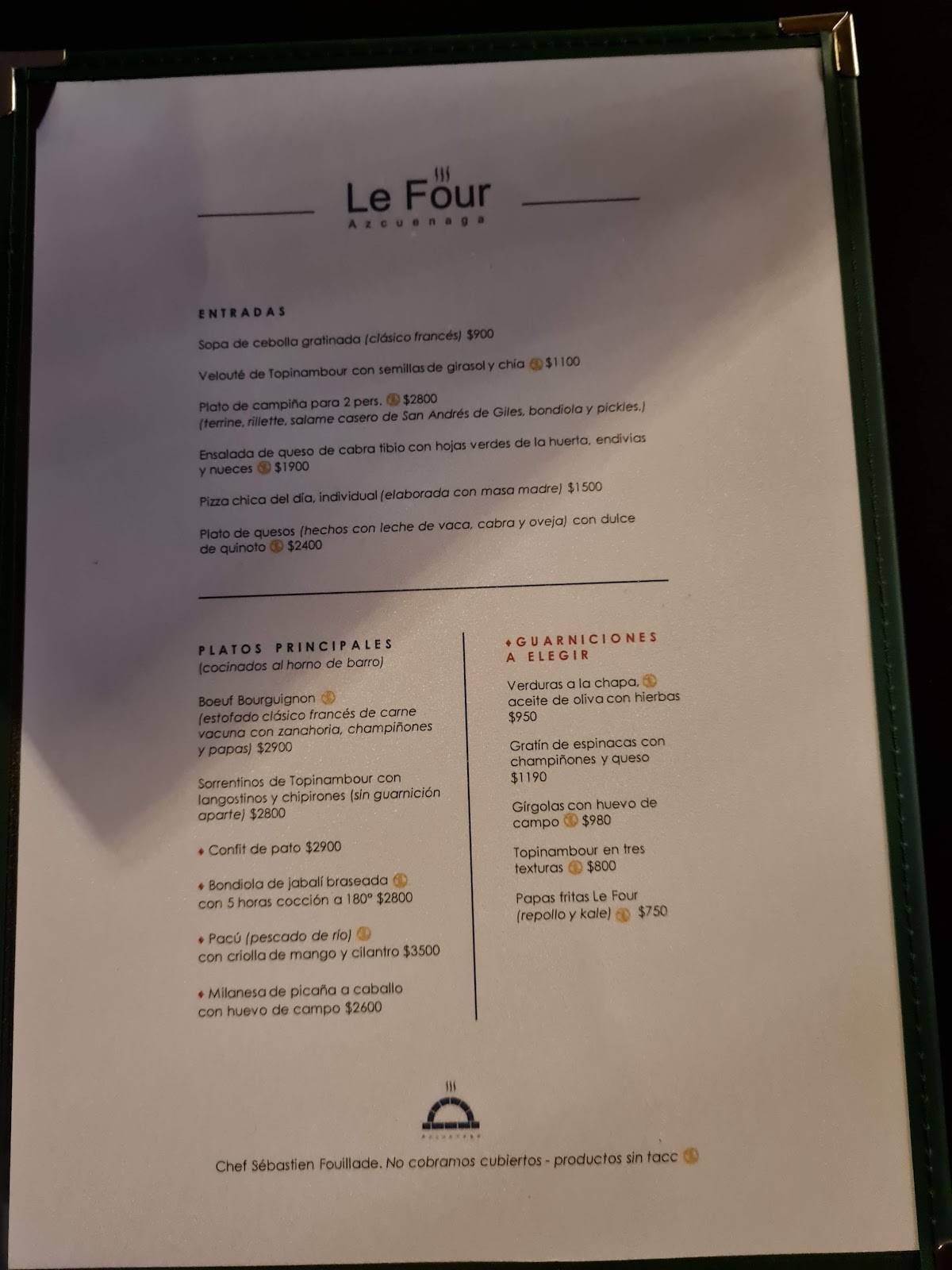 Carta del restaurante Le Four Azcuenaga, Azcuénaga