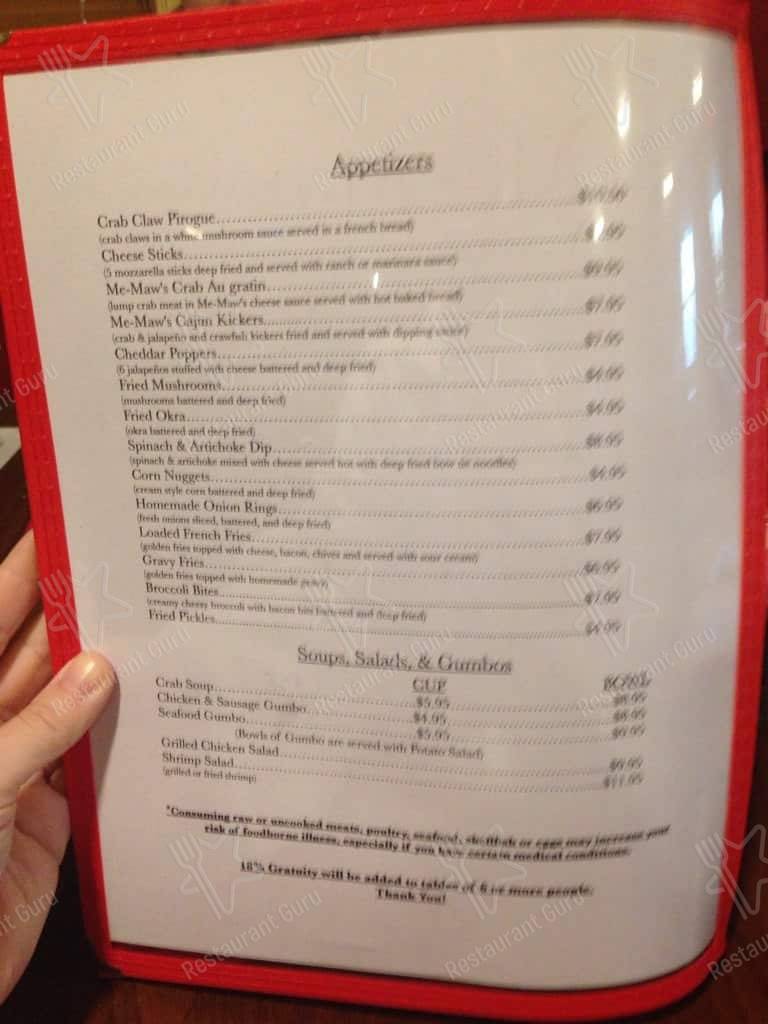 Menu at Me-Maw's Cajun Cuisine BBQ, Golden Meadow