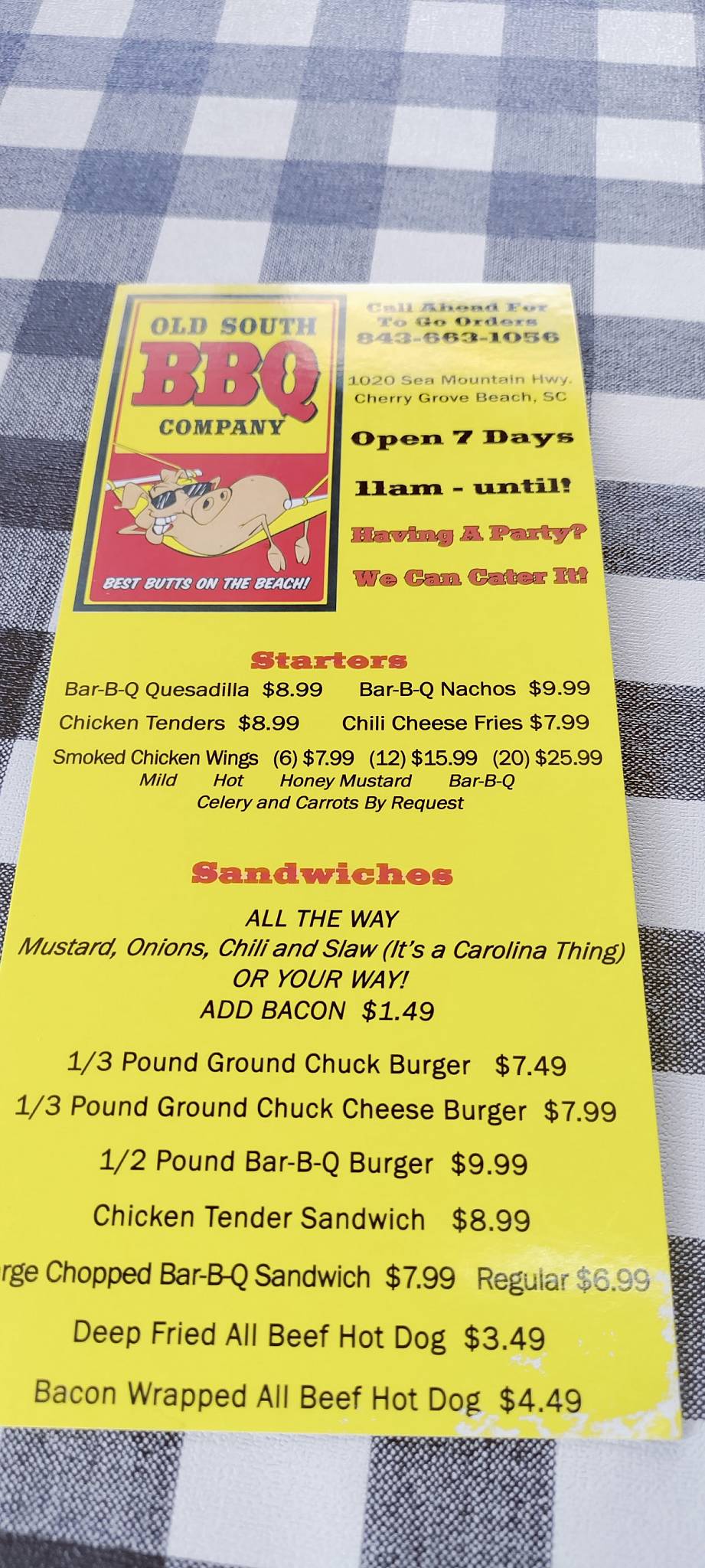 Menu at Old South BBQ, North Myrtle Beach