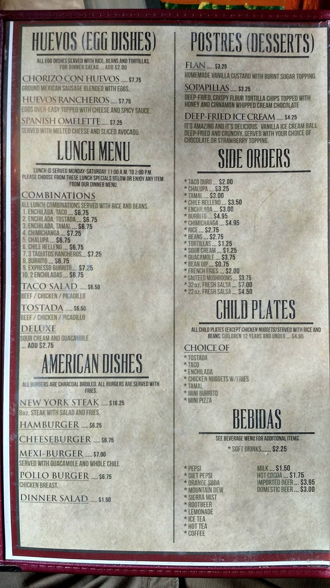 Menu at El Erradero restaurant, Baker City