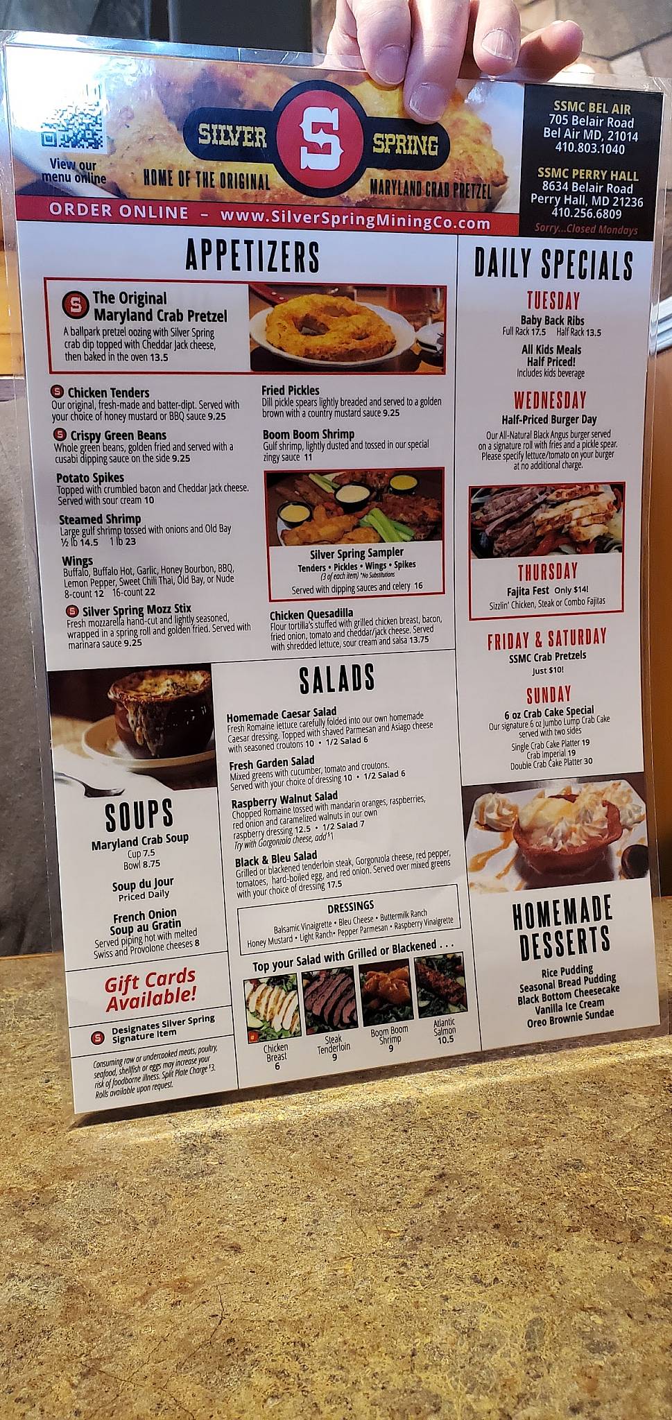 Menu at Silver Spring Mining Company pub & bar, Perry Hall