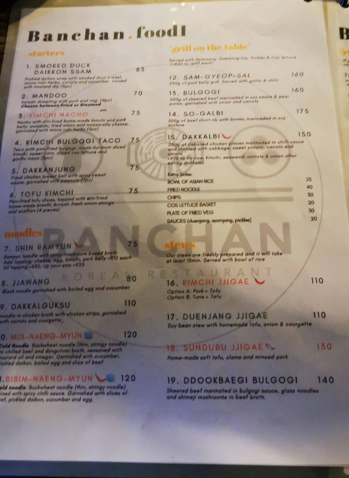 Menu at Banchan Korean Restaurant, Sandton