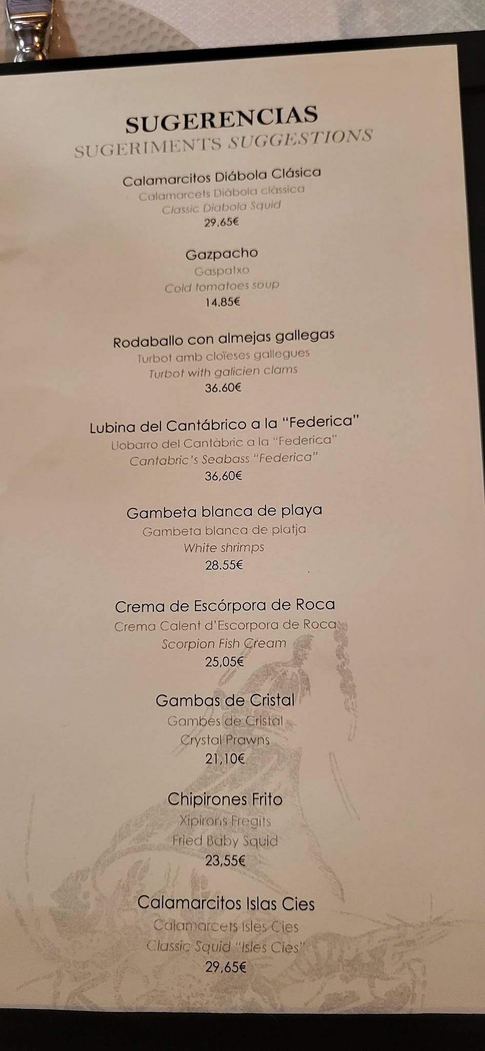 Menu at Botafumeiro restaurant, Barcelona, C/ Gran de Gràcia