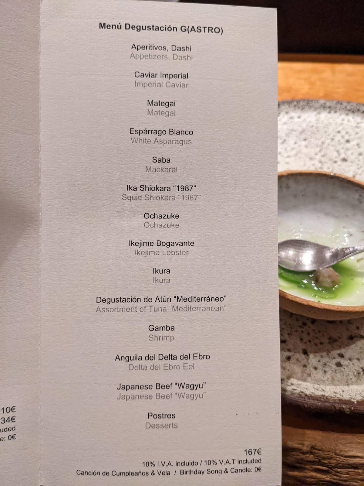 Carta del restaurante Koy Shunka, Barcelona