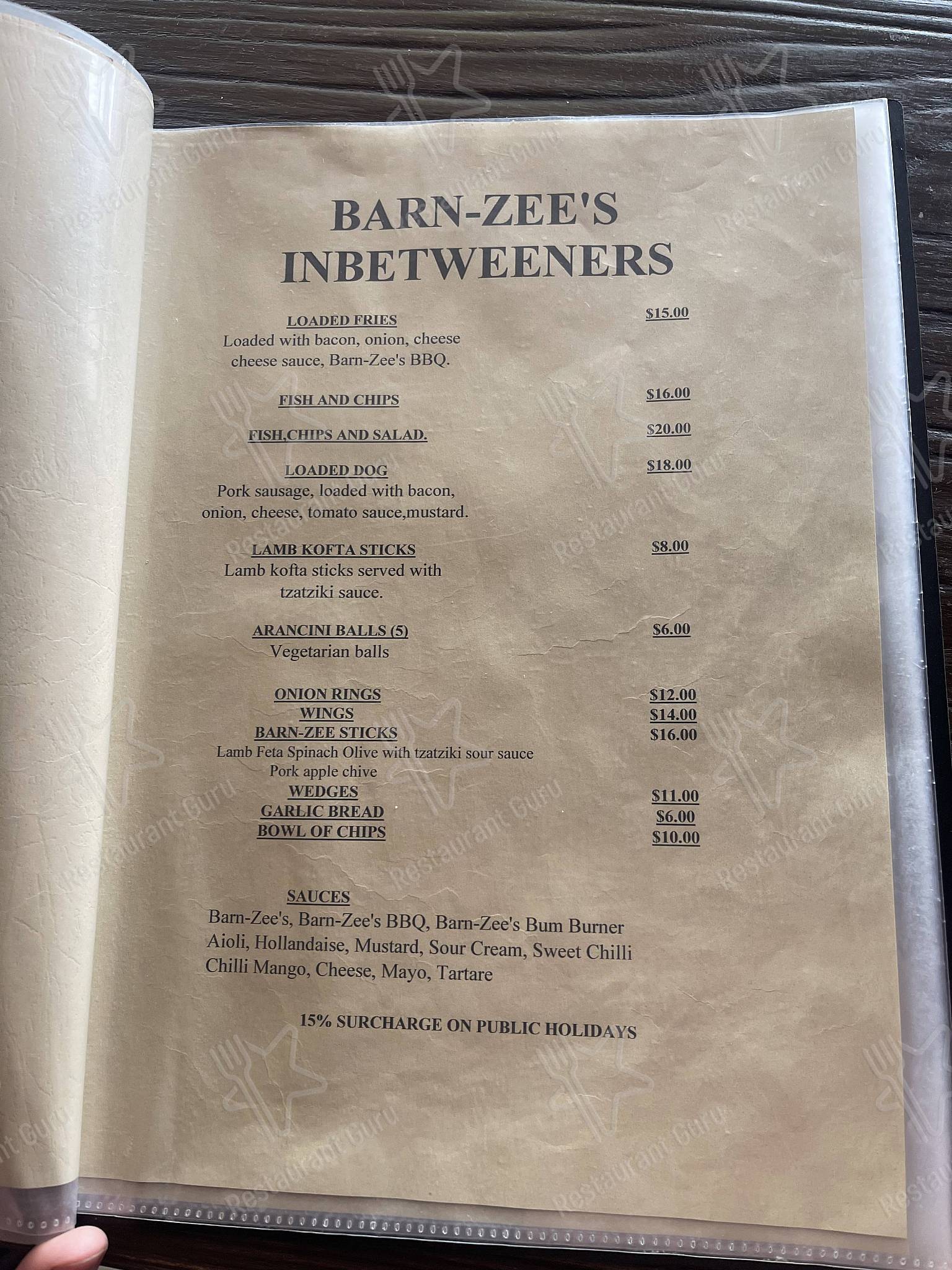 Menu at Barn-Zee's Burgers & Barista, Collie