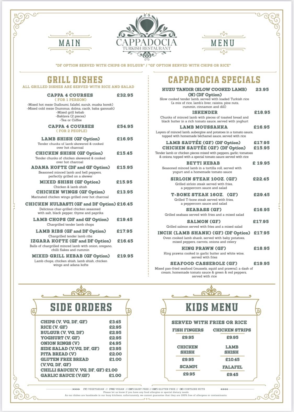Menu at Cappadocia Turkish Restaurant, Bath