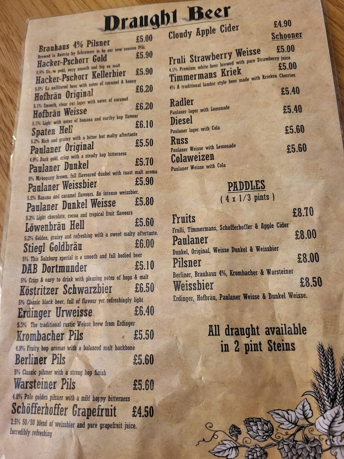 Menu at Bavaria Brauhaus pub & bar, Glasgow