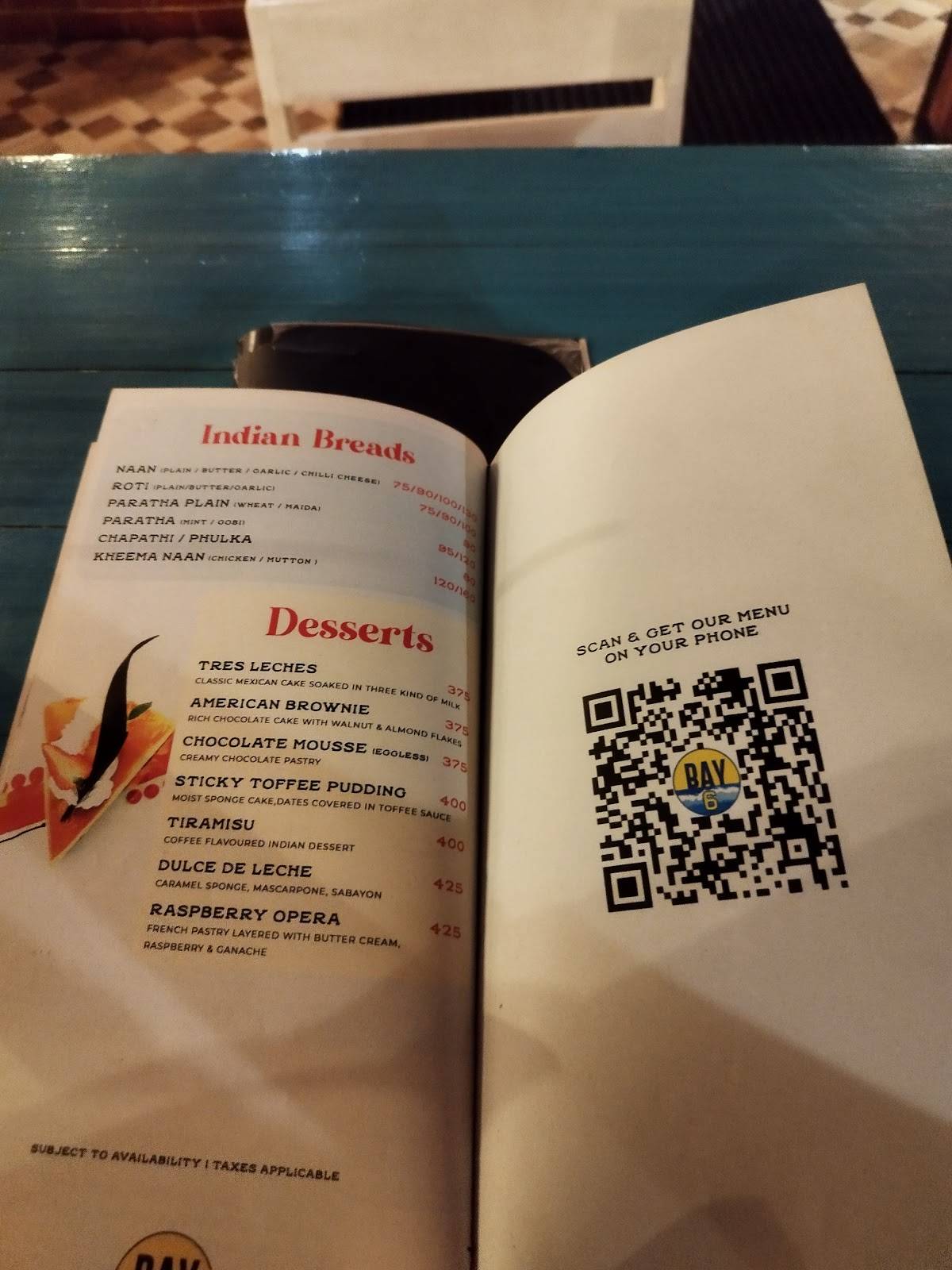 Menu at Bay 6, Chennai