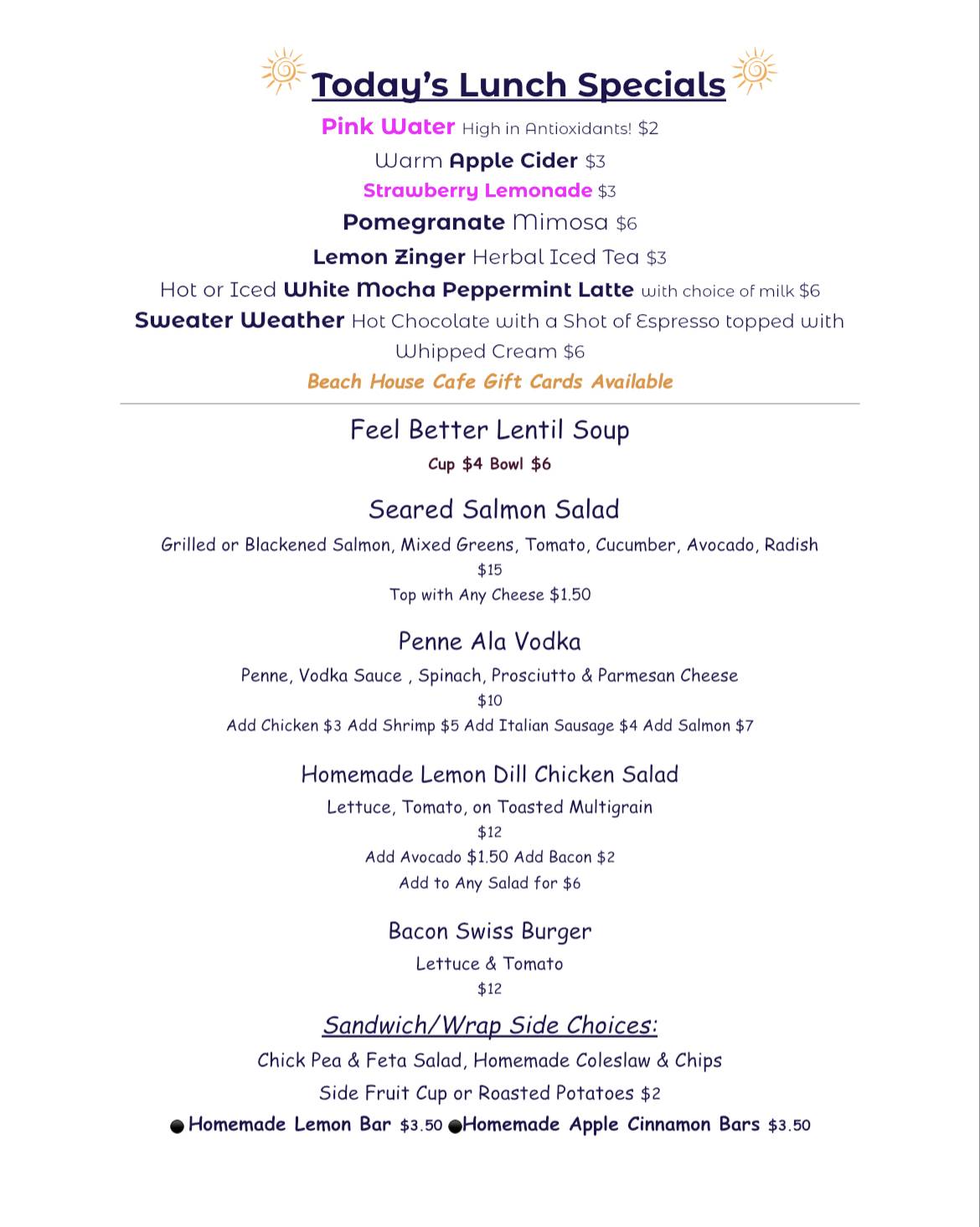 Menu at Beach House Cafe, Sunset Beach