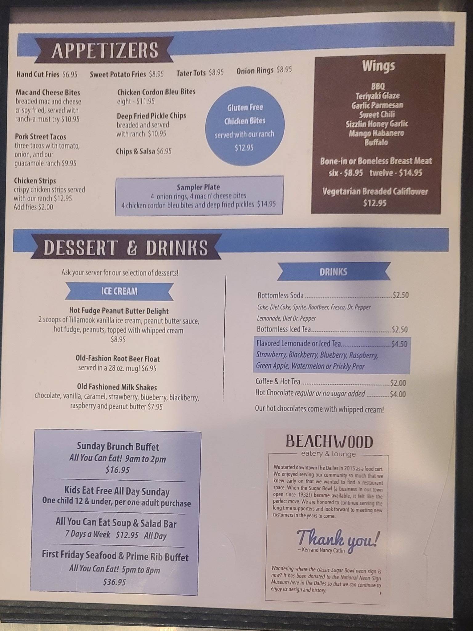 Menu at Beachwood Eatery restaurant, The Dalles, 504 E 9th St