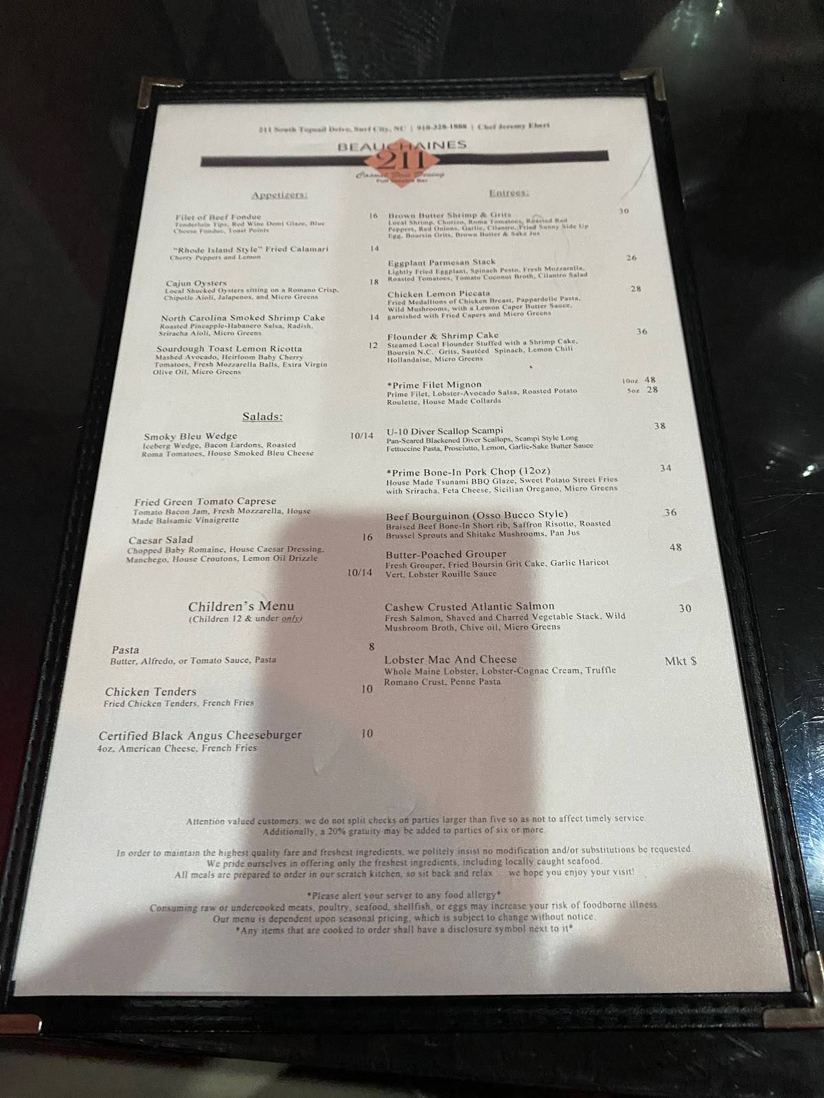 Menu at Beauchaines 211 restaurant, Surf City