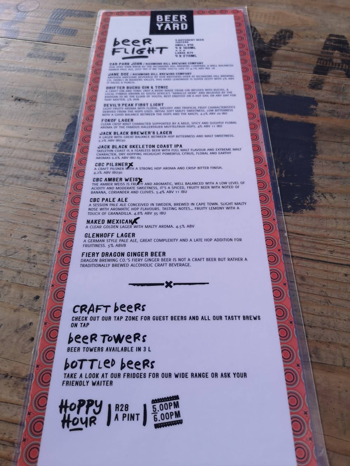 Menu at Beer Yard pub & bar, Port Elizabeth