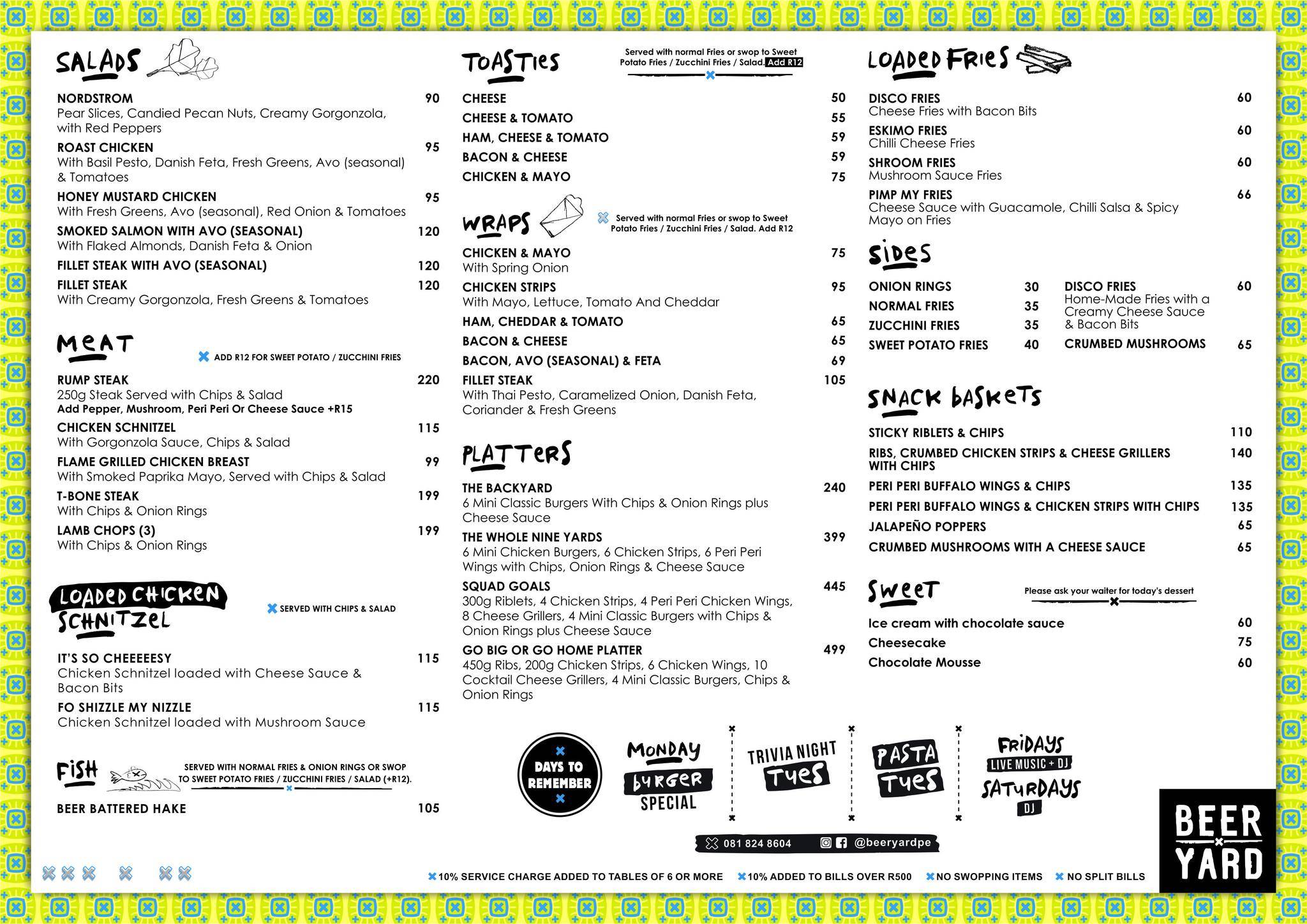 Menu at Beer Yard pub & bar, Port Elizabeth