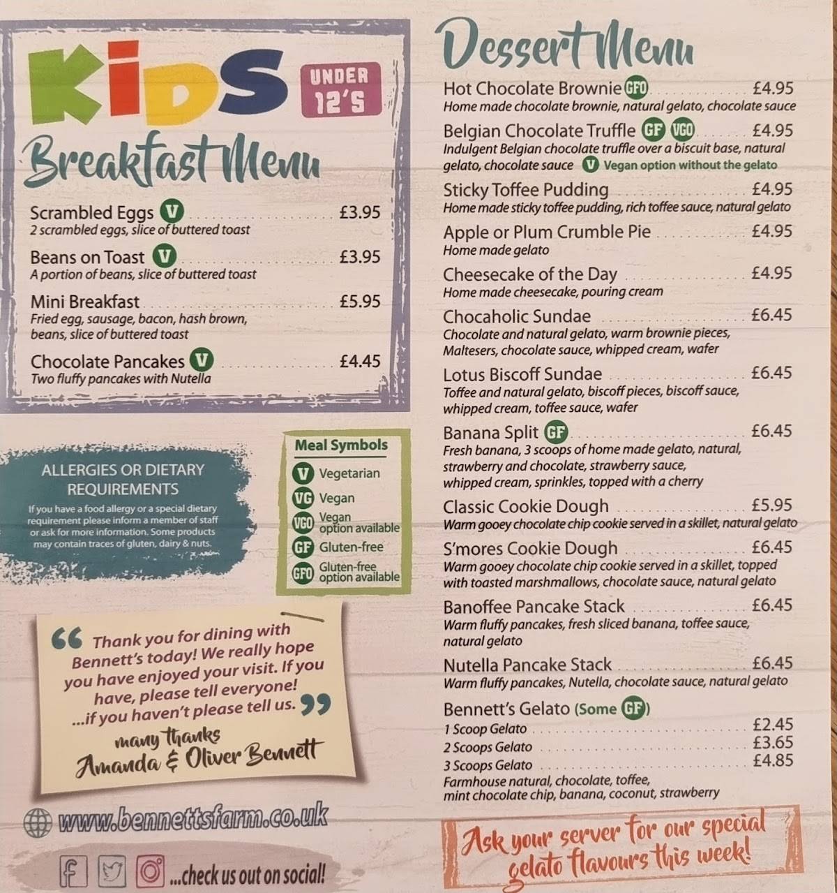 Menu at Bennett's Eggs & The Garden Coffee Lounge restaurant, Liversedge