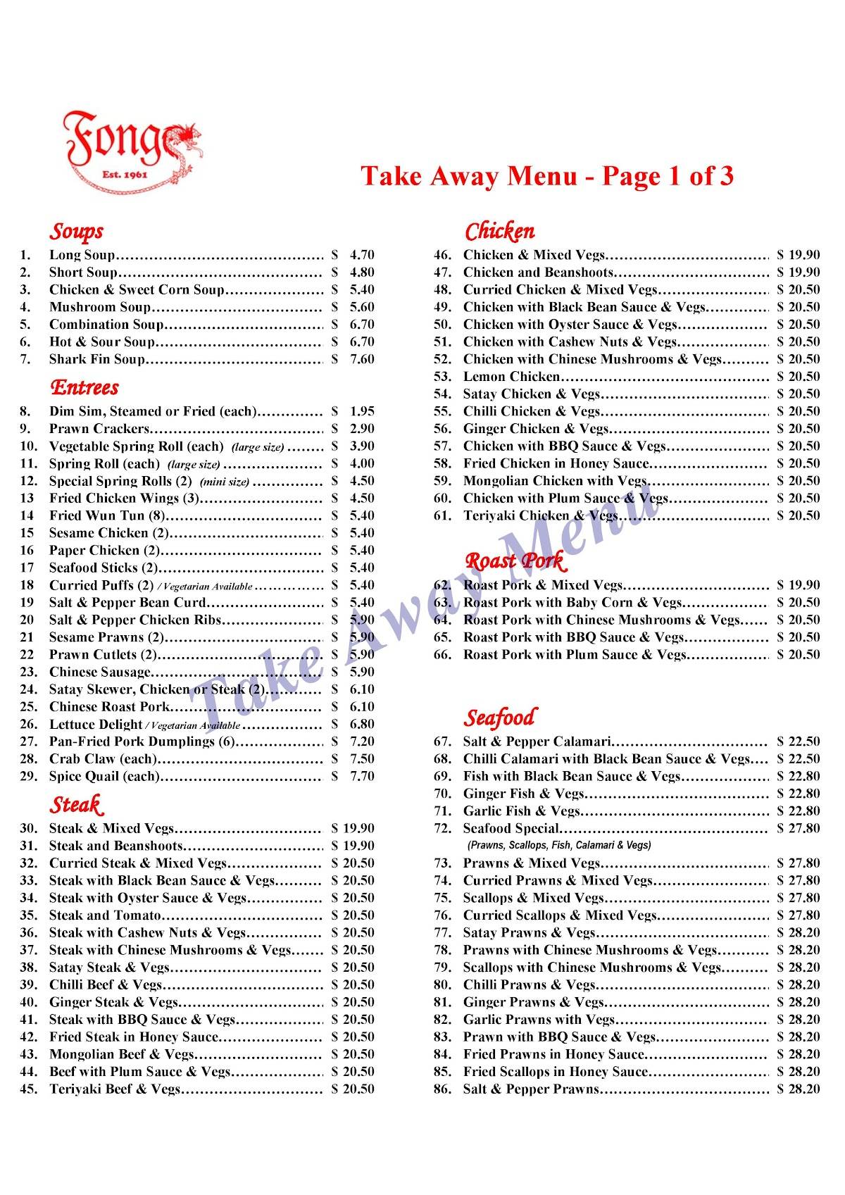 Menu at Fong's Chinese Restaurant, Bentleigh East